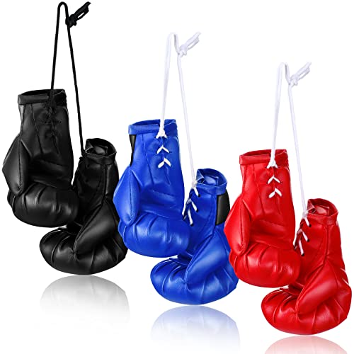 3 Pairs Mini Boxing Gloves for Car Mirror Holiday Christmas Ornament Punching Gloves Miniature Boxing Accessories Boxing Party Favors Hanging Boxing Gloves for Home Car Bag Decor (Black, Red, Blue)