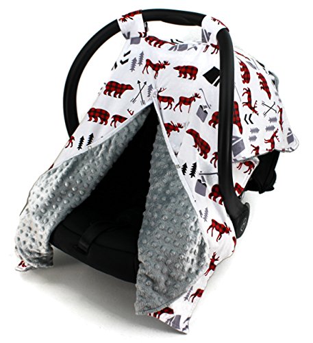 Dear Baby Gear Car Seat Canopy, Woodland Adventure Bear Moose Plaid, Minky Grey
