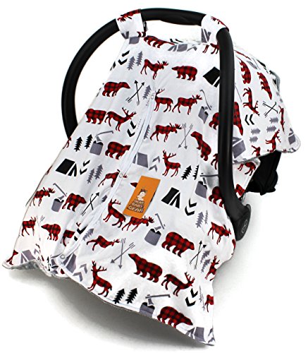 Dear Baby Gear Car Seat Canopy, Woodland Adventure Bear Moose Plaid, Minky Grey