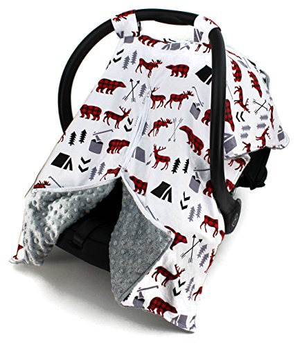 Dear Baby Gear Car Seat Canopy, Woodland Adventure Bear Moose Plaid, Minky Grey