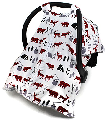 Dear Baby Gear Car Seat Canopy, Woodland Adventure Bear Moose Plaid, Minky Grey