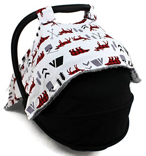 Dear Baby Gear Car Seat Canopy, Woodland Adventure Bear Moose Plaid, Minky Grey