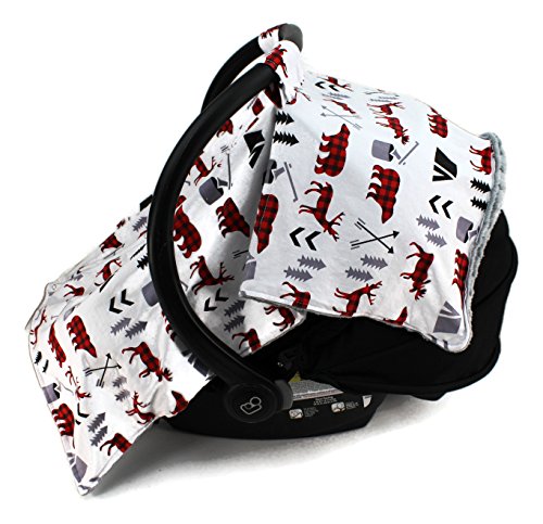 Dear Baby Gear Car Seat Canopy, Woodland Adventure Bear Moose Plaid, Minky Grey