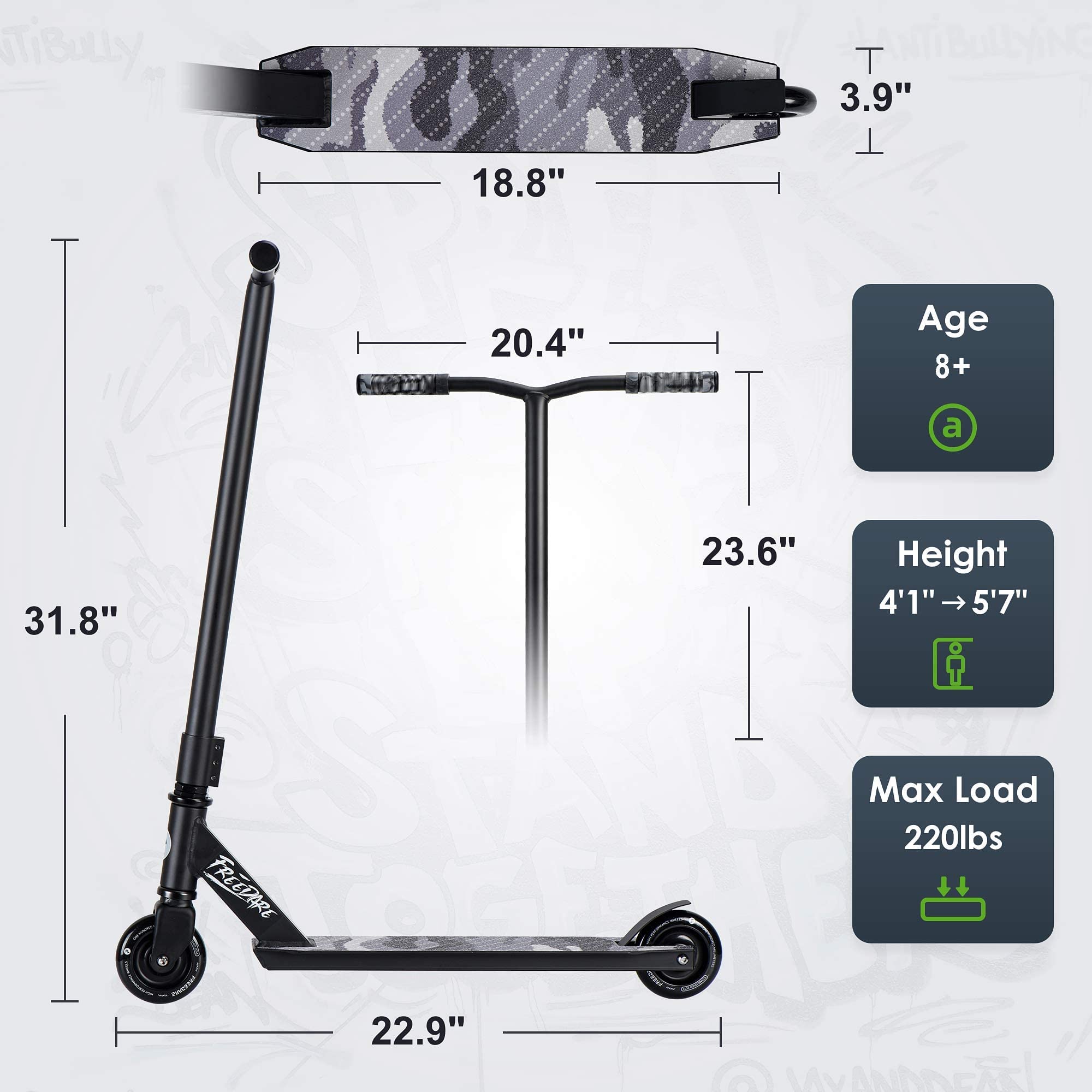 FREEDARE Complete Pro Scooter JB-1 Stunt Scooter for Kids 8 Years and Up, Teens, Adults, Trick Scooter for Beginners Black