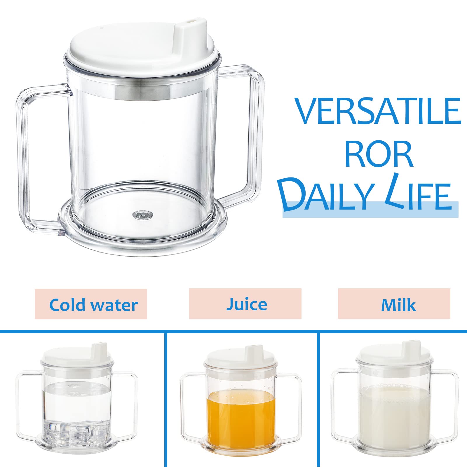 Eaasty Adult Sippy Cup 2 Handle Plastic Mug 10 oz No Spill Cups for Elderly Spill Resistant Lightweight Drinking Mug with Easy to Grasp Handles for Hot and Cold Beverages(6 Pcs)