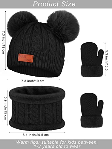 Cooraby 3 Pieces Toddler Winter Knitted Hat Scarf Gloves Set Knit Fleece Lined Thermal Set for Boys Girls, Black