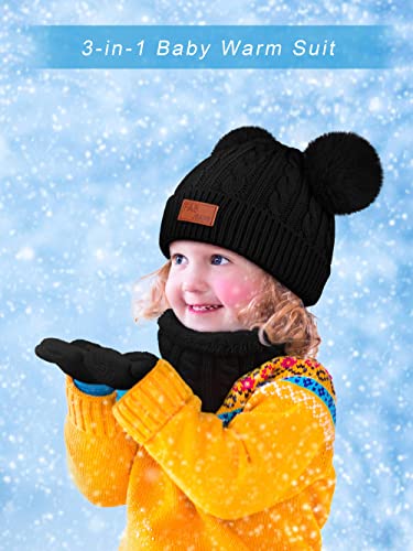 Cooraby 3 Pieces Toddler Winter Knitted Hat Scarf Gloves Set Knit Fleece Lined Thermal Set for Boys Girls, Black