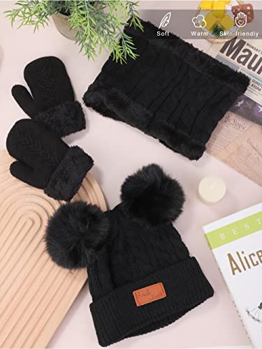 Cooraby 3 Pieces Toddler Winter Knitted Hat Scarf Gloves Set Knit Fleece Lined Thermal Set for Boys Girls, Black