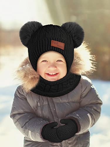 Cooraby 3 Pieces Toddler Winter Knitted Hat Scarf Gloves Set Knit Fleece Lined Thermal Set for Boys Girls, Black
