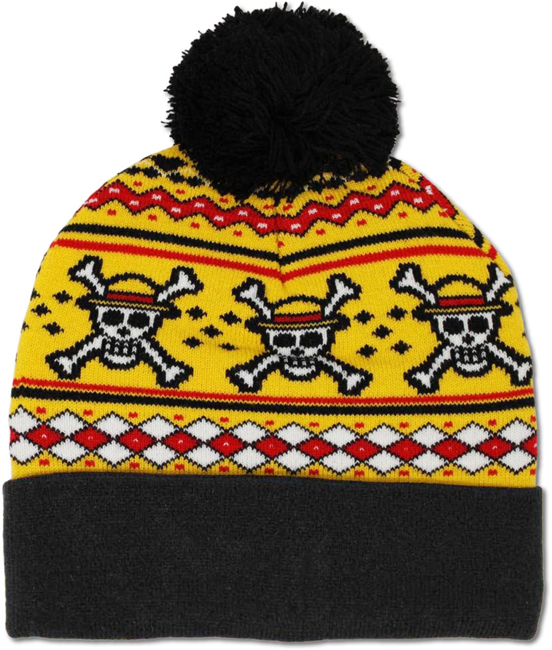 Ripple Junction One Piece Straw Hat Crew Adult Anime Mens Womens Fitted Knit Winter Hat Pom Pom Beanie Black and Yellow