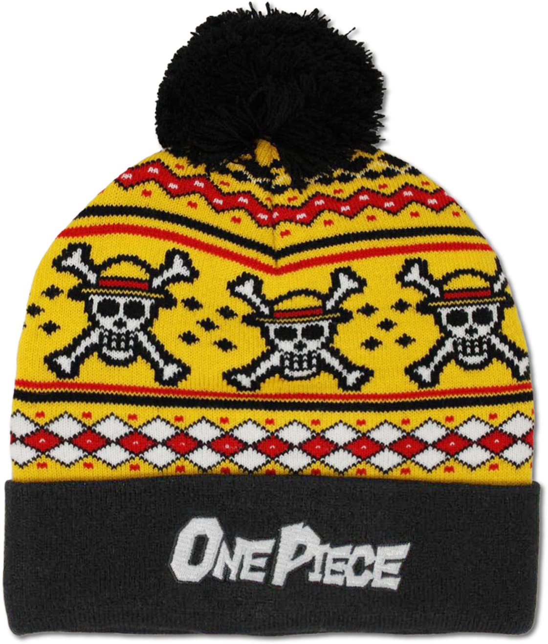 Ripple Junction One Piece Straw Hat Crew Adult Anime Mens Womens Fitted Knit Winter Hat Pom Pom Beanie Black and Yellow