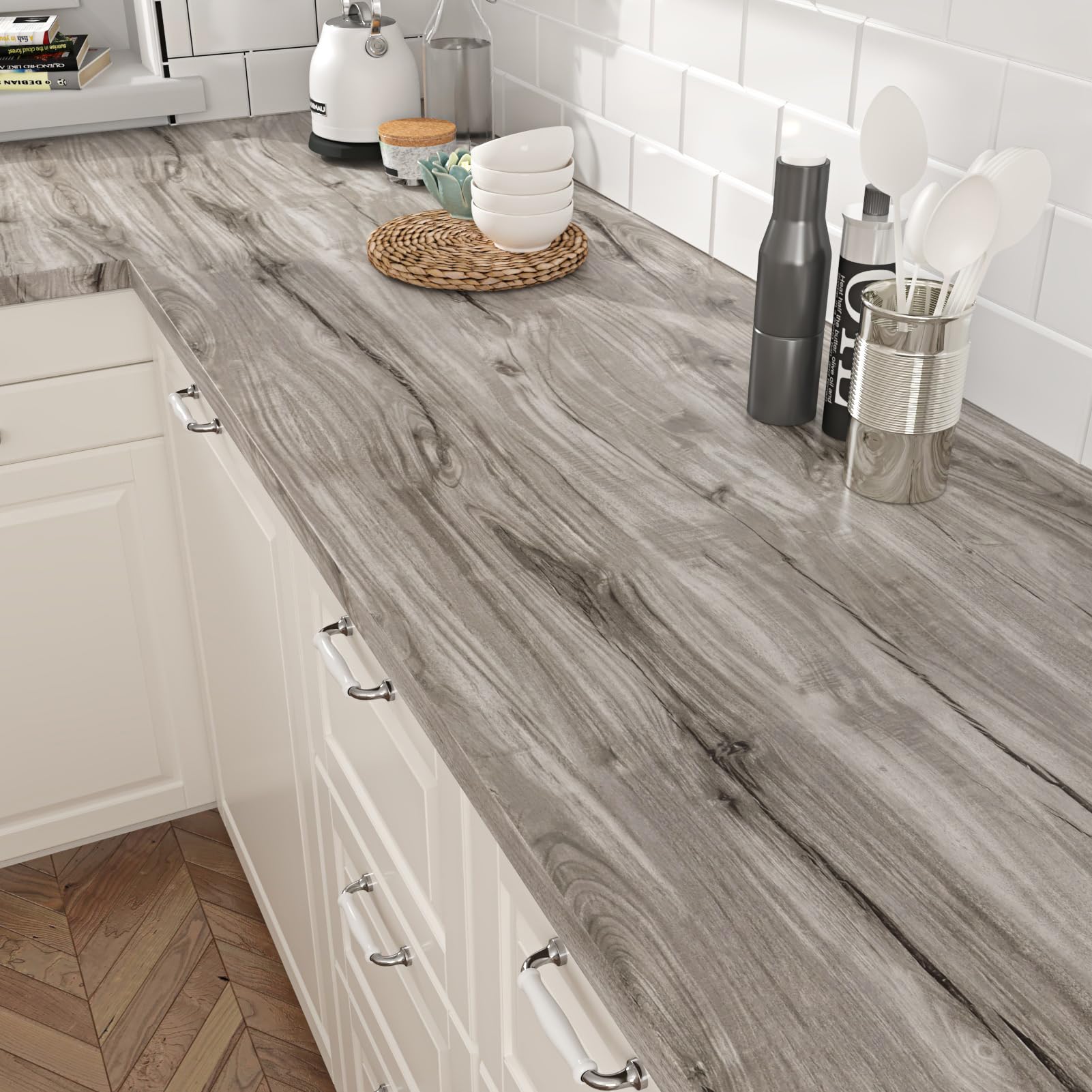 Wallercity 24''x118'' Grey Wood Contact Paper for Countertops Peel and Stick Wallpaper for Cabinets Wooden Countertops Contact Paper Vinyl Waterproof Kitchen Stick Paper for Shelf Liner Removable