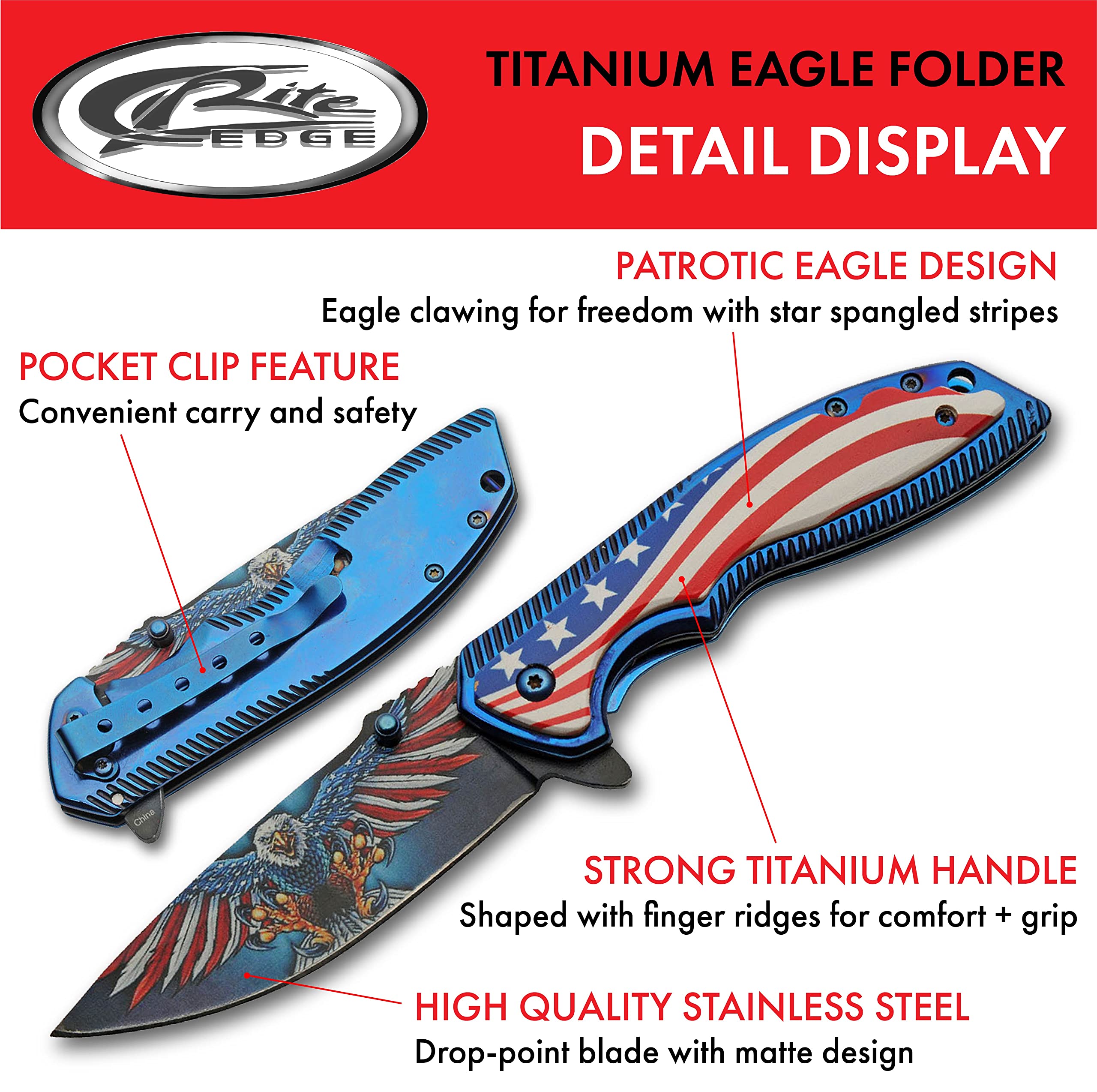 SZCO 8.25β American Eagle Titanium Finished Handled EDC Folding Knife With Pocket Clip, Red, White & Blue (300583)