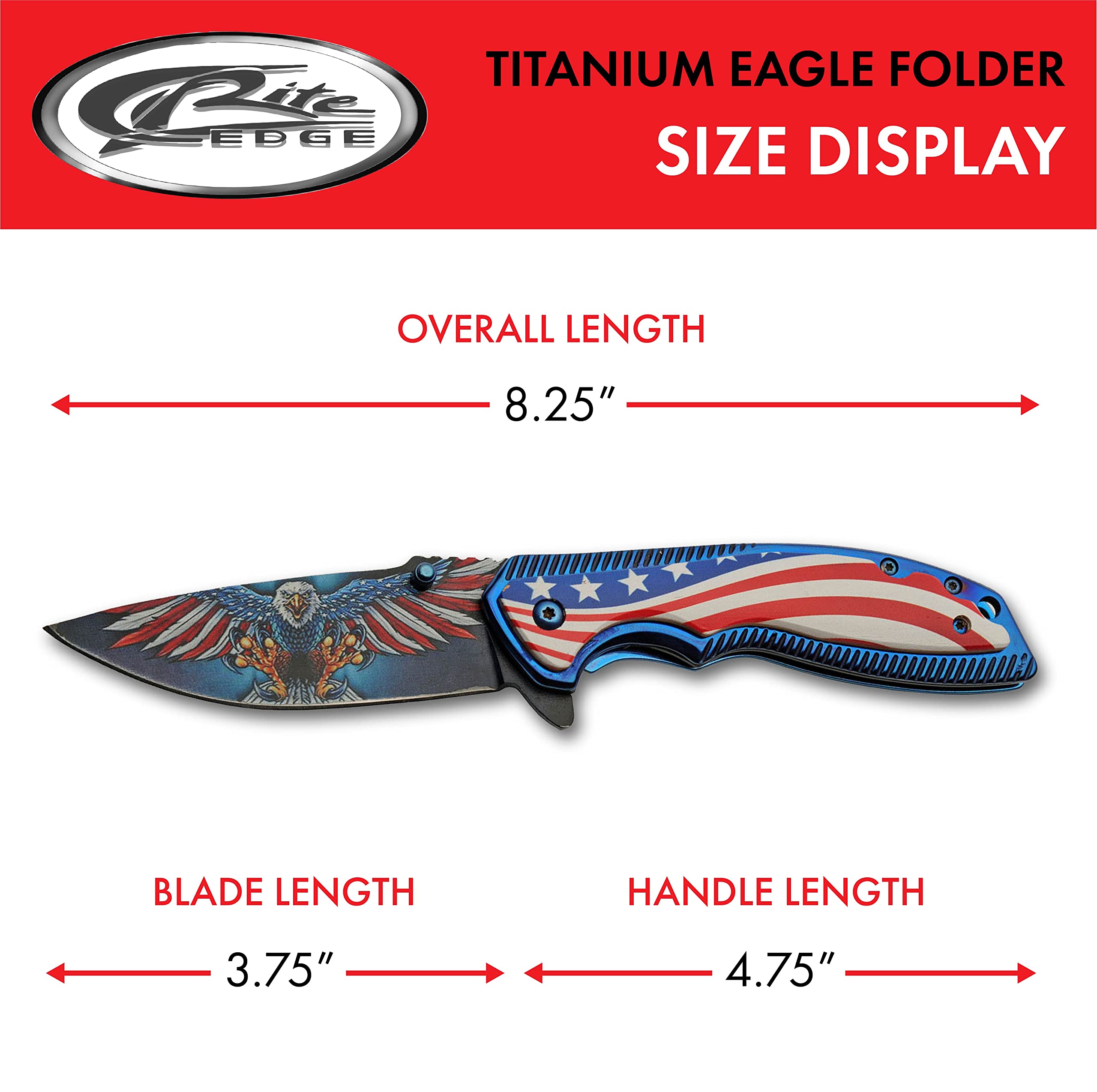 SZCO 8.25β American Eagle Titanium Finished Handled EDC Folding Knife With Pocket Clip, Red, White & Blue (300583)