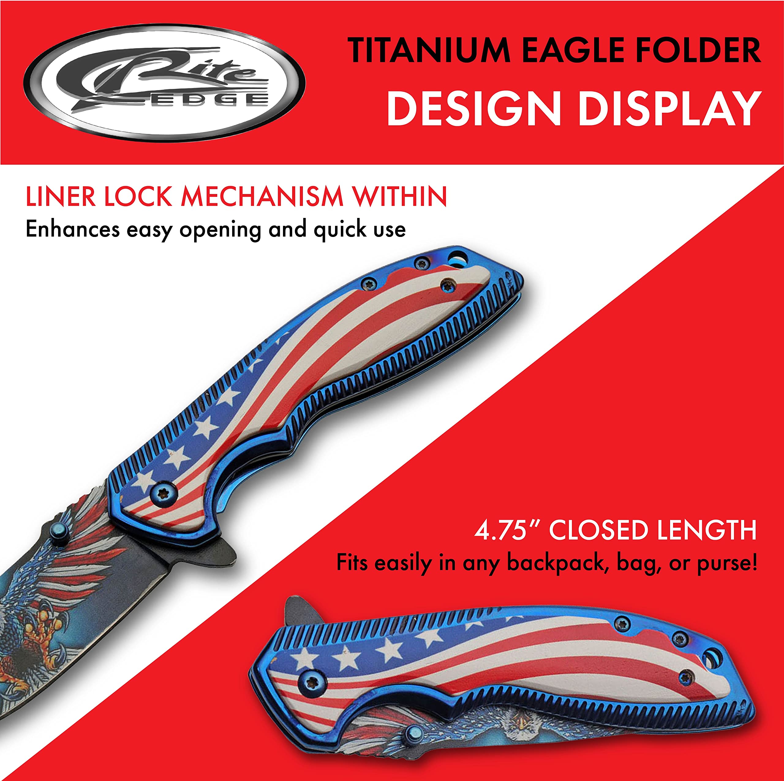 SZCO 8.25β American Eagle Titanium Finished Handled EDC Folding Knife With Pocket Clip, Red, White & Blue (300583)