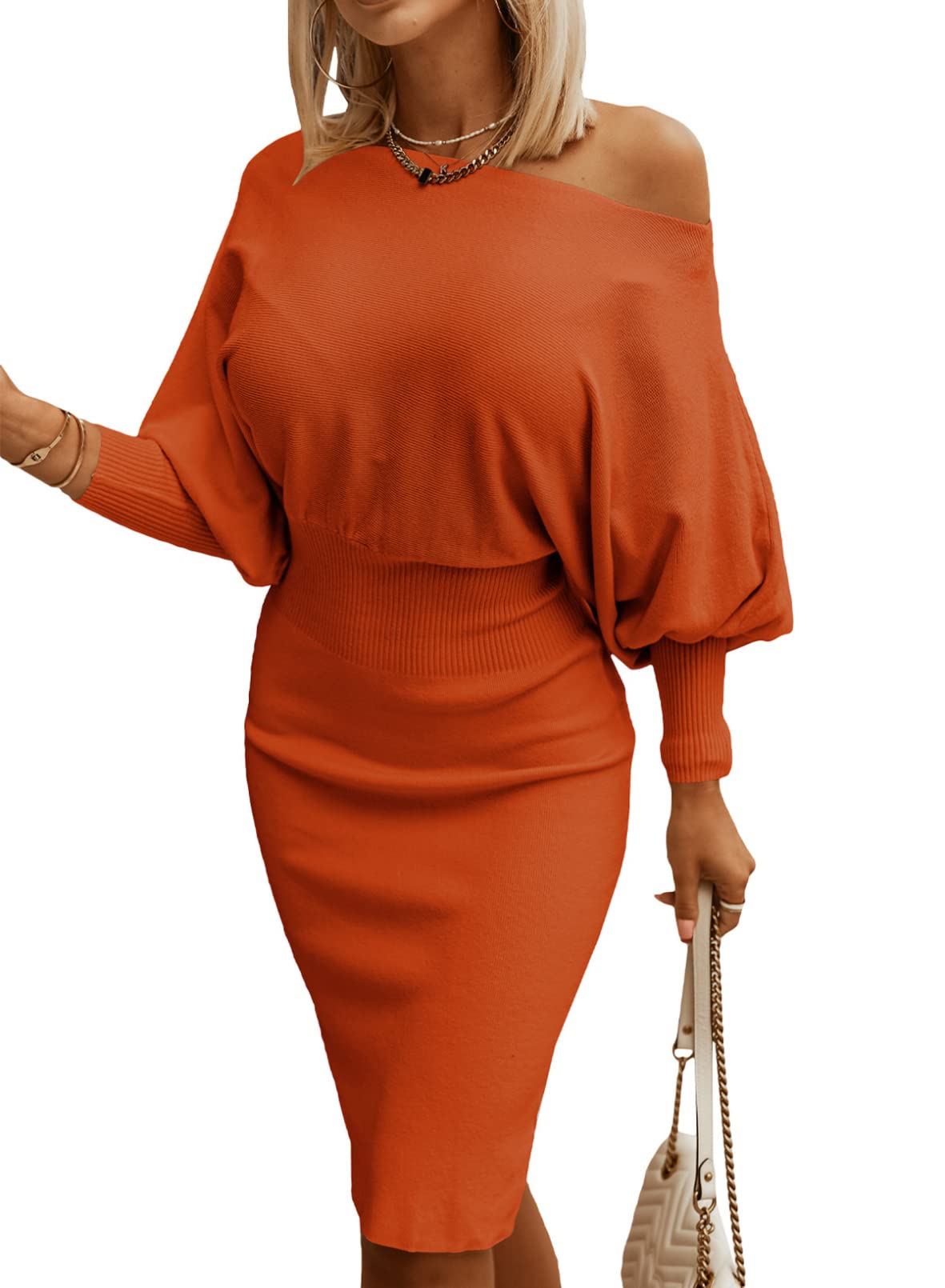 Dokotoo Womens Orange Sweater Dress Elegant Off Shoulder Long Batwing Sleeve Elastic Waist Bodycon Mini Dresses for Women Sexy 2024 Fashion Medium