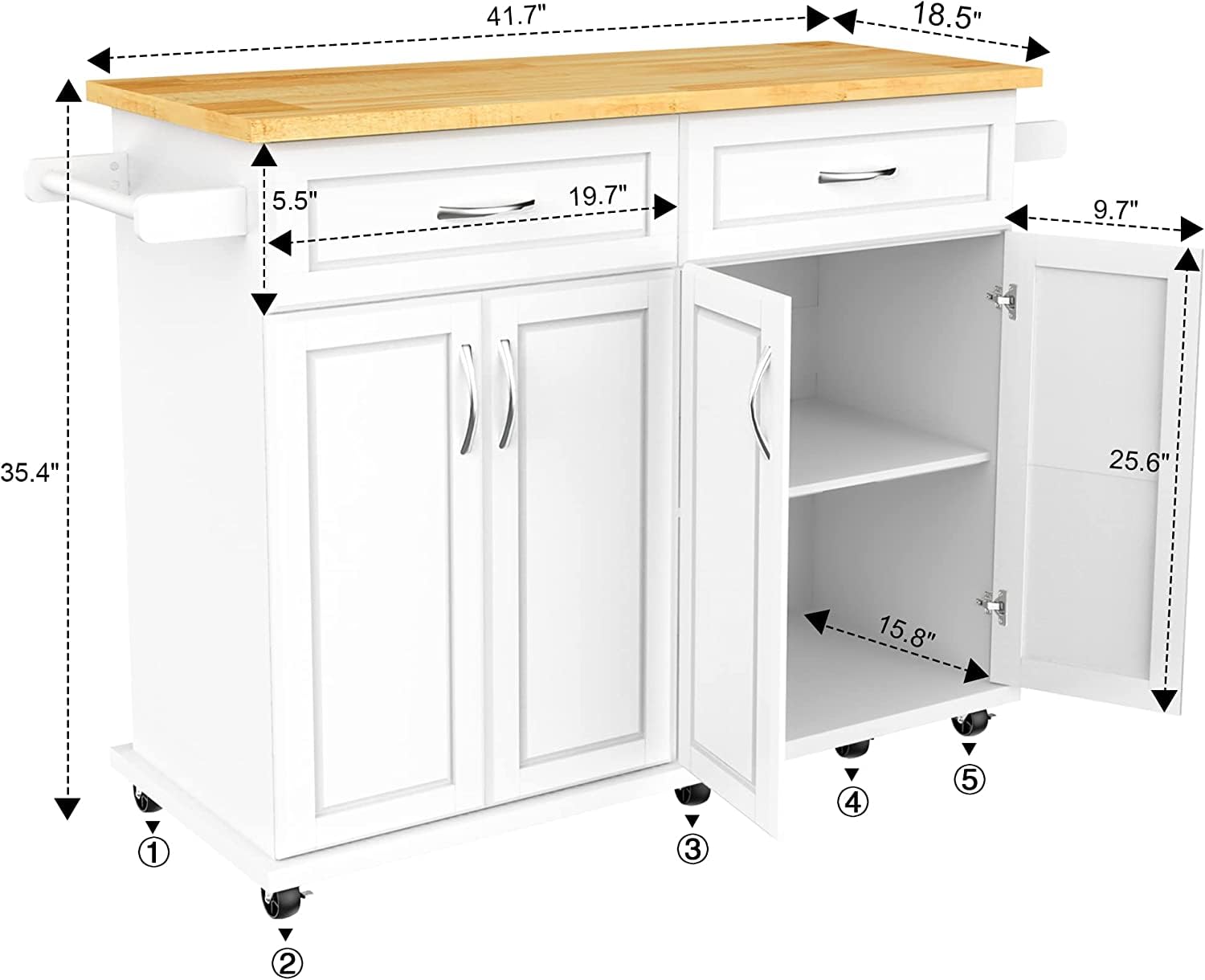 Pliwier Kitchen Island Cart on Wheels with Cabinet, Rubberwood Countertop, Lockable Casters, Adjustable Shelves, Kitchen Storage Islands for Dining Room, L48xW18xH36 Inches, Easy Assembly