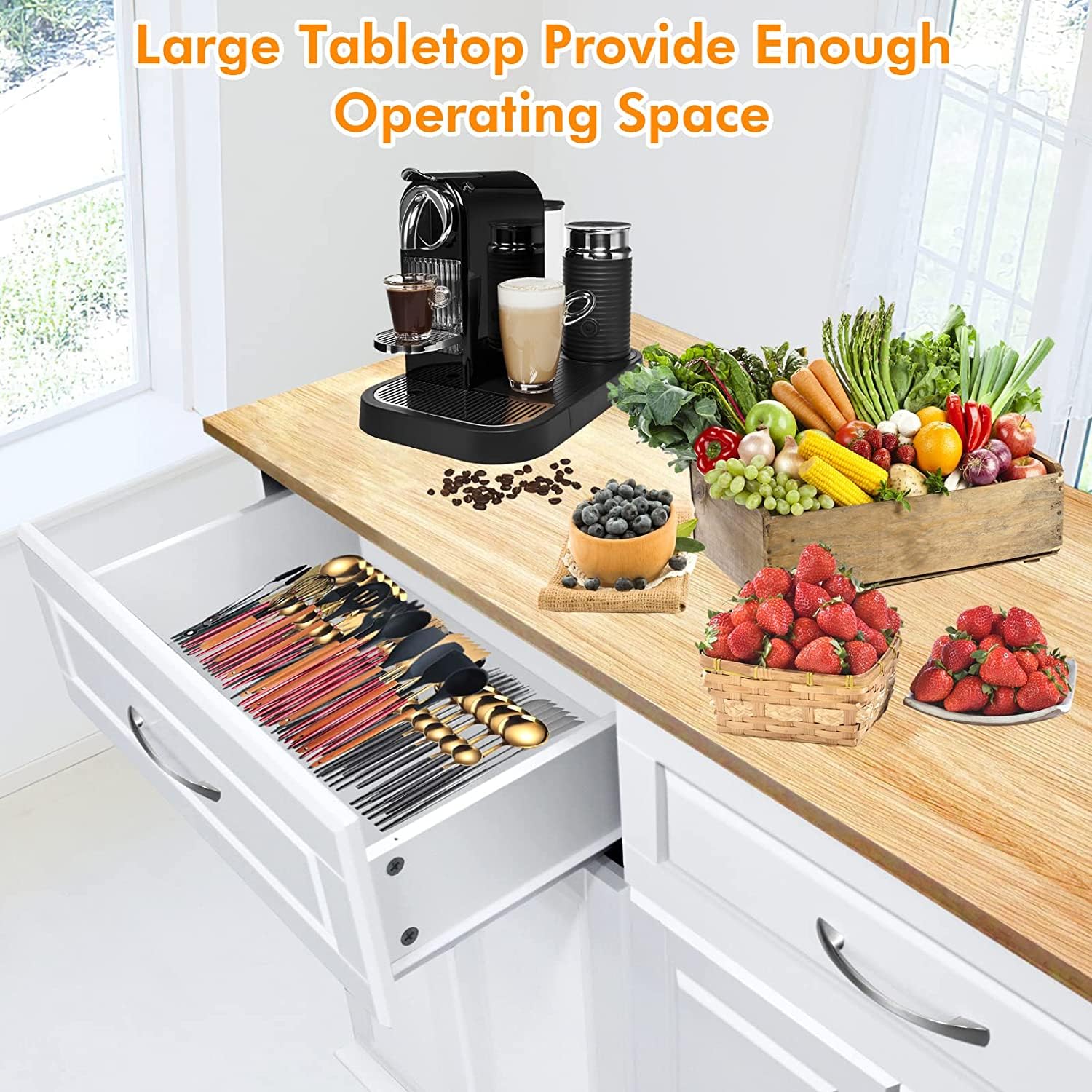 Pliwier Kitchen Island Cart on Wheels with Cabinet, Rubberwood Countertop, Lockable Casters, Adjustable Shelves, Kitchen Storage Islands for Dining Room, L48xW18xH36 Inches, Easy Assembly