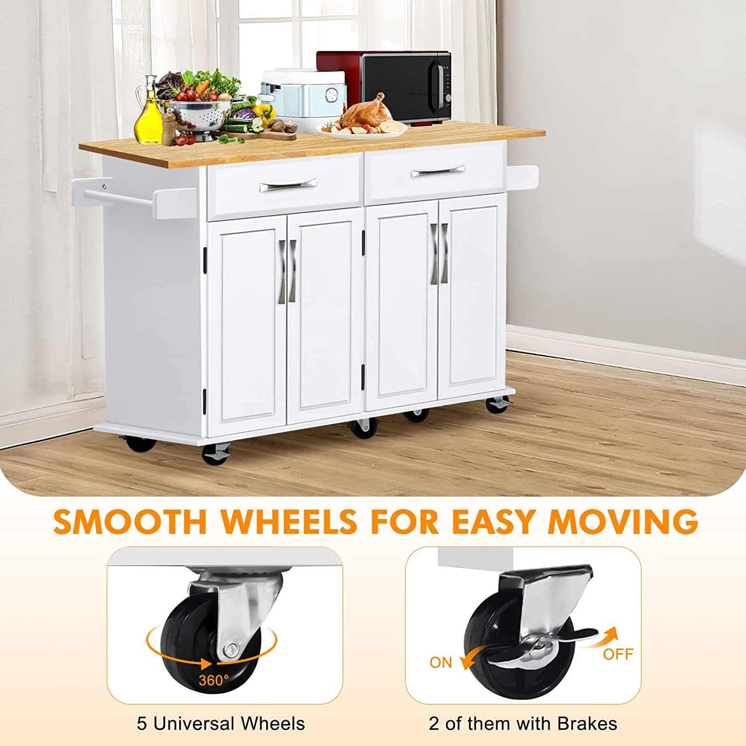 Pliwier Kitchen Island Cart on Wheels with Cabinet, Rubberwood Countertop, Lockable Casters, Adjustable Shelves, Kitchen Storage Islands for Dining Room, L48xW18xH36 Inches, Easy Assembly