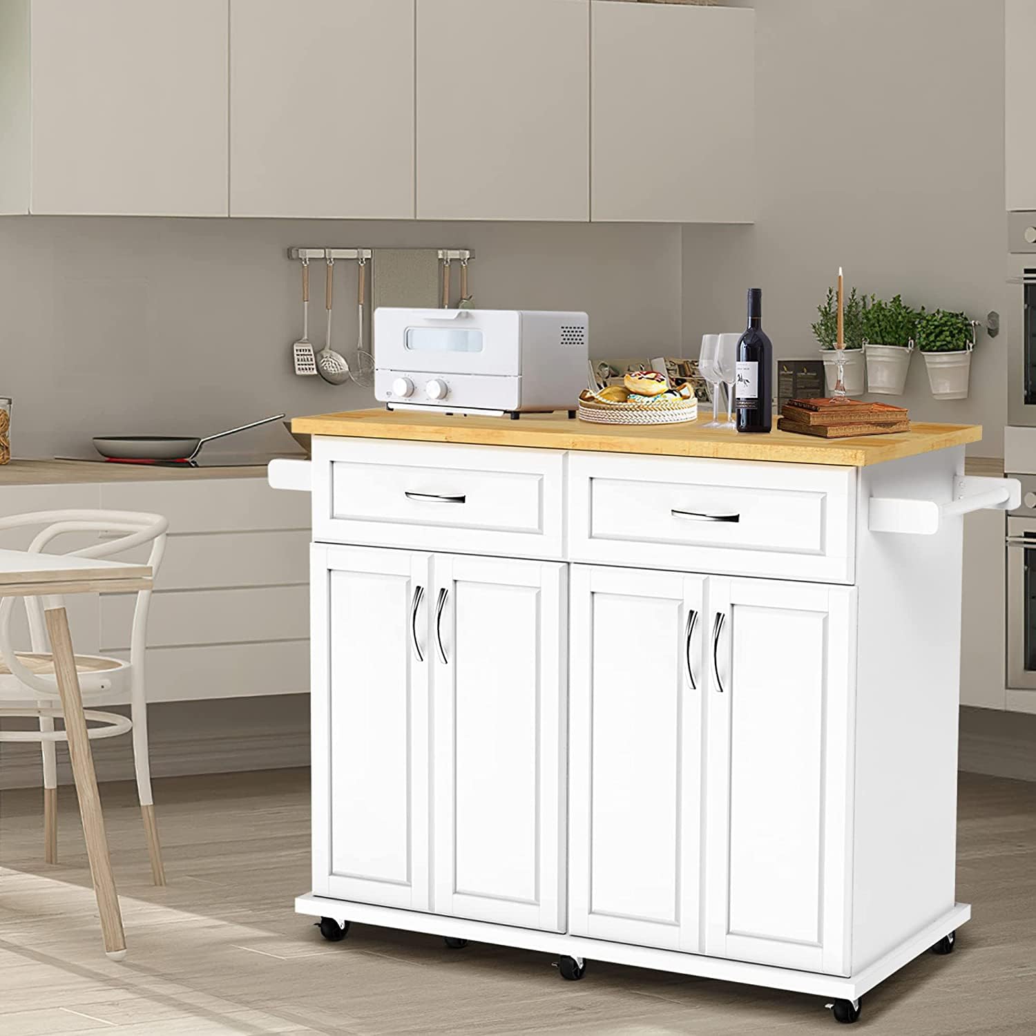 Pliwier Kitchen Island Cart on Wheels with Cabinet, Rubberwood Countertop, Lockable Casters, Adjustable Shelves, Kitchen Storage Islands for Dining Room, L48xW18xH36 Inches, Easy Assembly