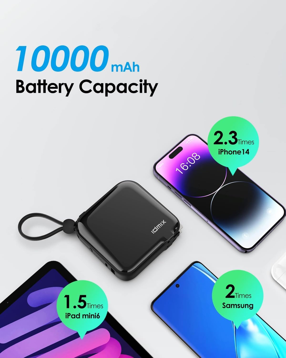IDMIX Power Bank 10000mAh with MFI Cable, AC Foldable Portable Charger, 20W Fast Battery Pack with USB-A Output, USB-C Output, Compatible for iPhone16/15, Samsung S24, ipad, and More (Black)