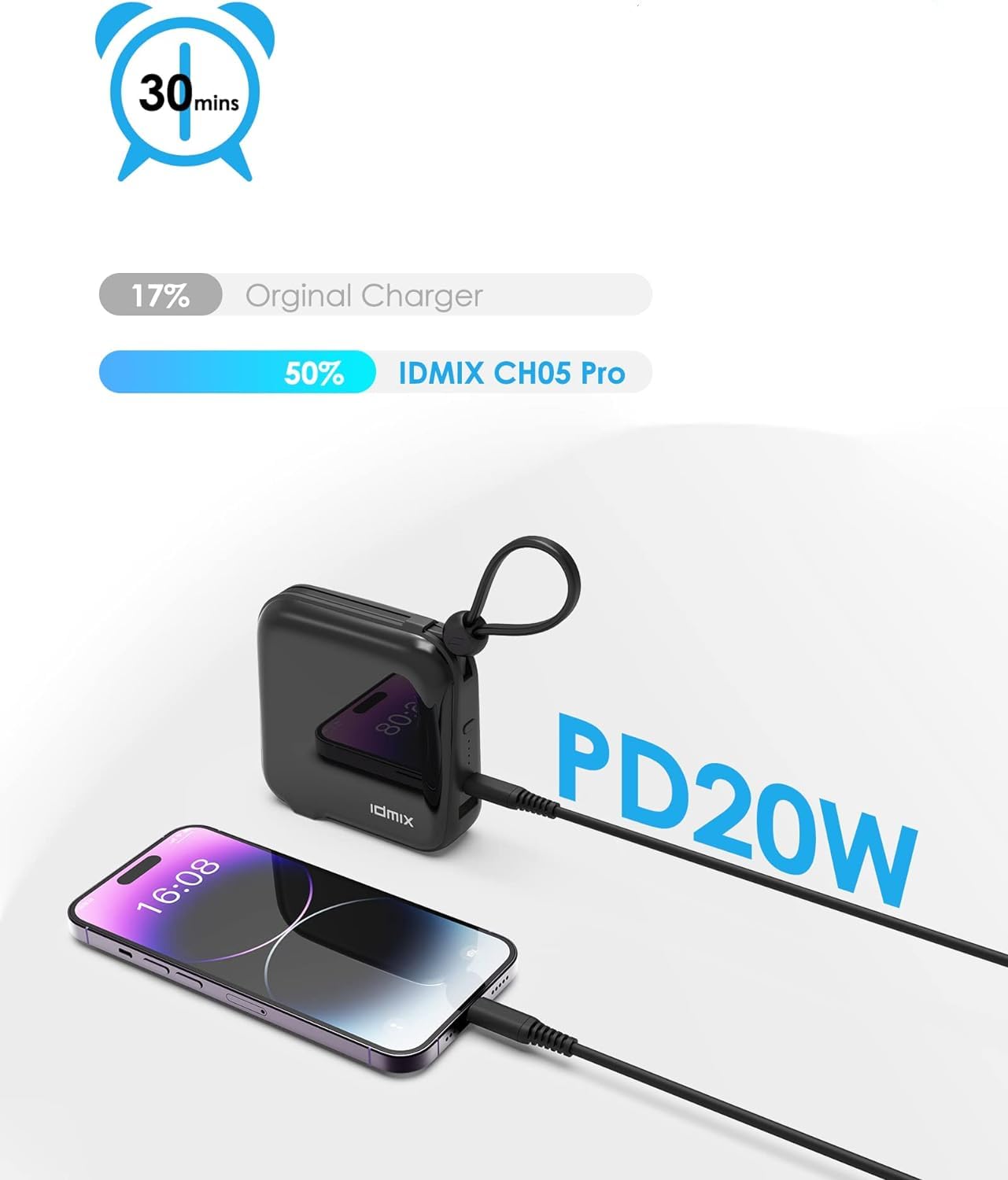 IDMIX Power Bank 10000mAh with MFI Cable, AC Foldable Portable Charger, 20W Fast Battery Pack with USB-A Output, USB-C Output, Compatible for iPhone16/15, Samsung S24, ipad, and More (Black)