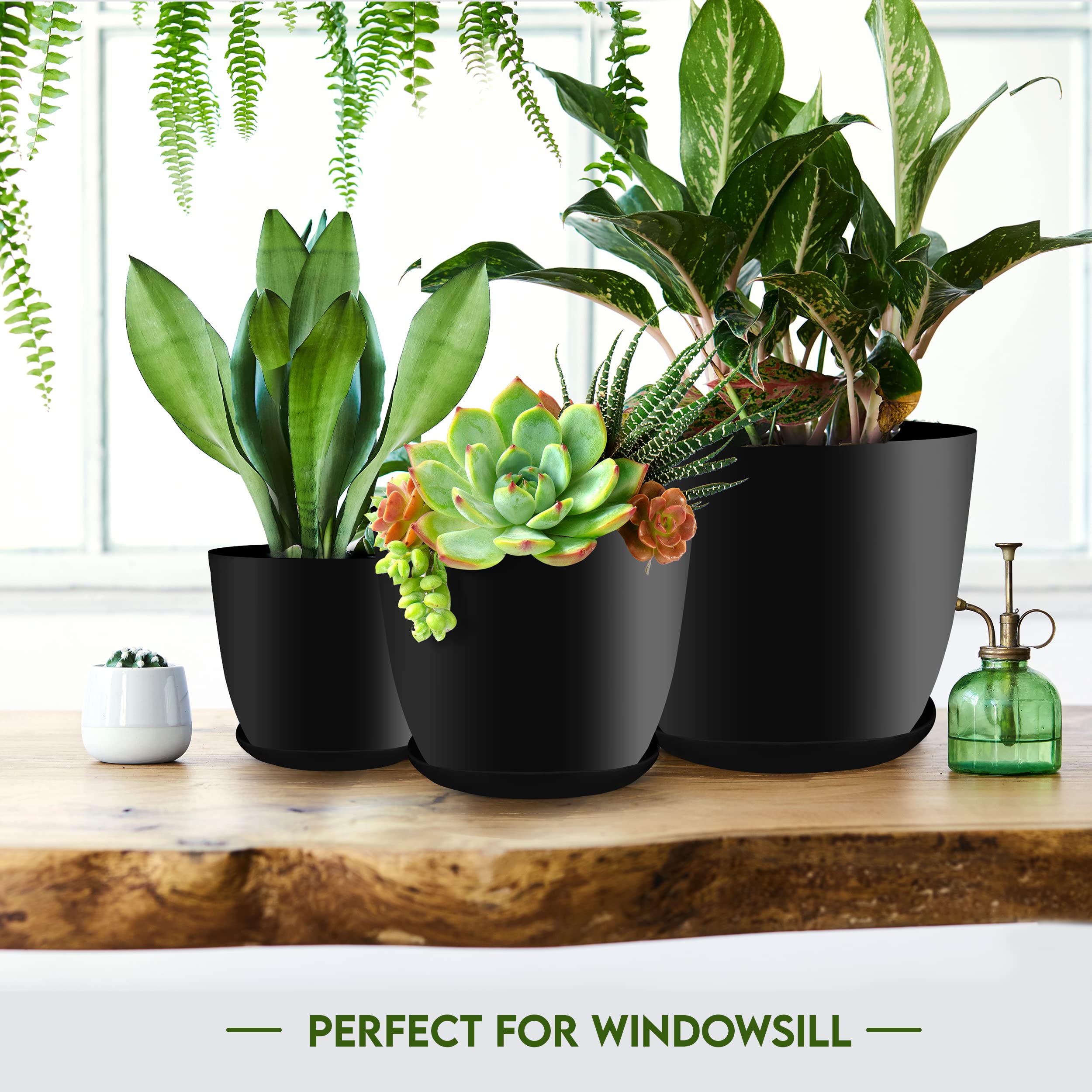 Utopia Home - Plant Pots Indoor with Drainage - 7/6.6/6/5.3/4.8 Inches Home Decor Flower Pots for Indoor Planter - Pack of 5 Plastic Planters for Indoor Plants, Cactus, Succulents Pot - Black