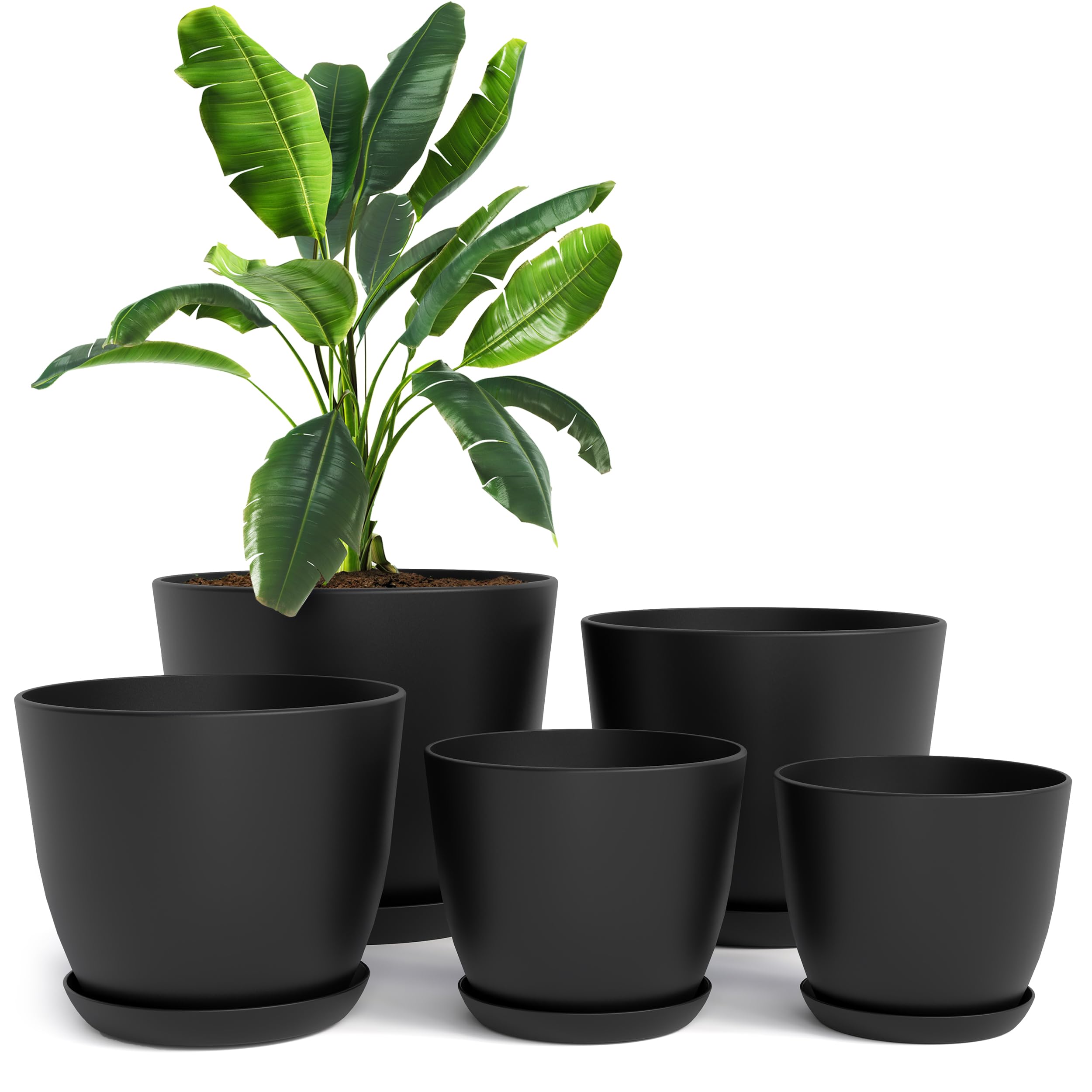 Utopia Home - Plant Pots Indoor with Drainage - 7/6.6/6/5.3/4.8 Inches Home Decor Flower Pots for Indoor Planter - Pack of 5 Plastic Planters for Indoor Plants, Cactus, Succulents Pot - Black
