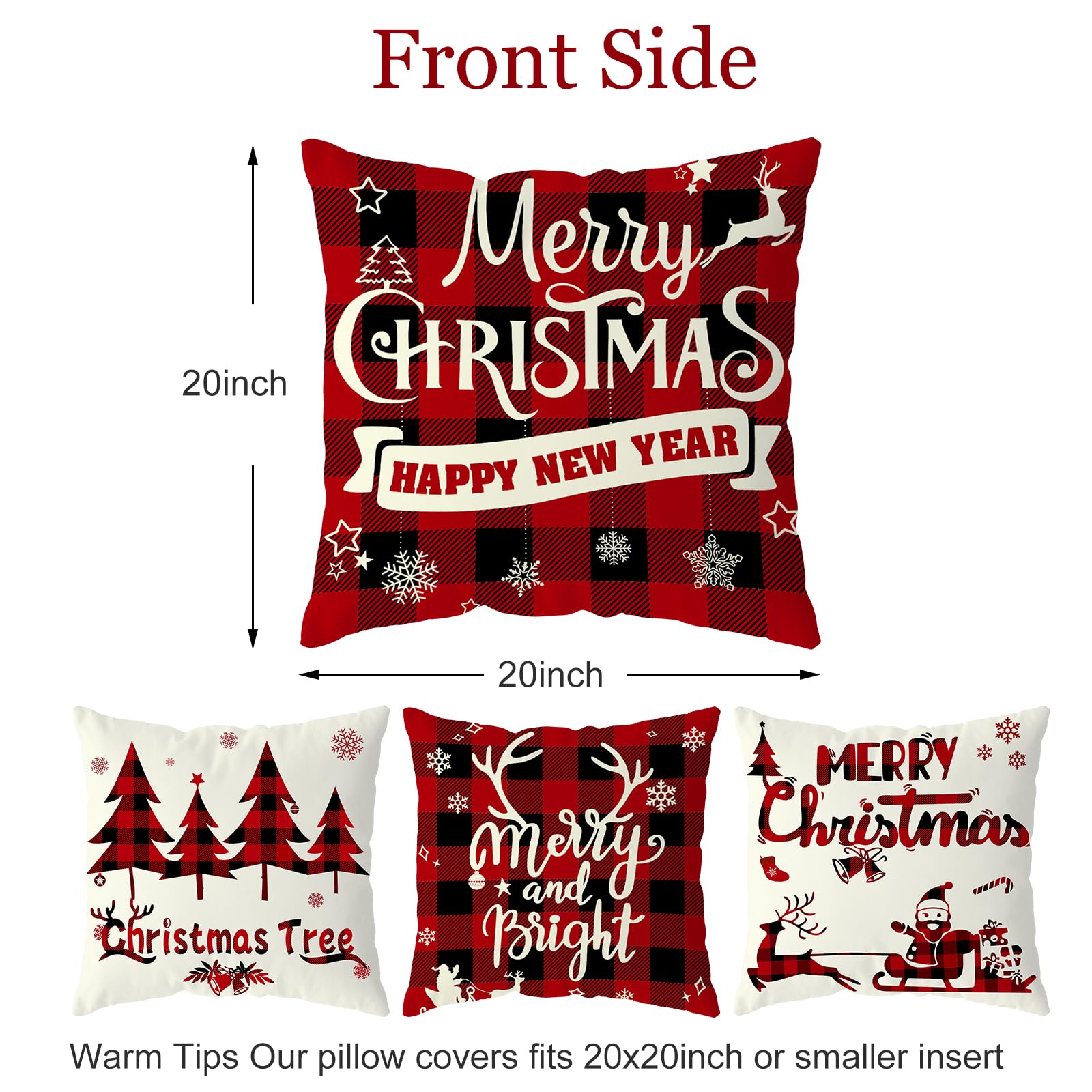 Christmas Decorations, Christmas Decor Christmas Pillow Covers 20x20 Set of 4 Red Black Buffalo Check Plaid Christmas Decorations Clearance Indoor Outdoor Xmas Throw Pillow Cases for Sofa Couch