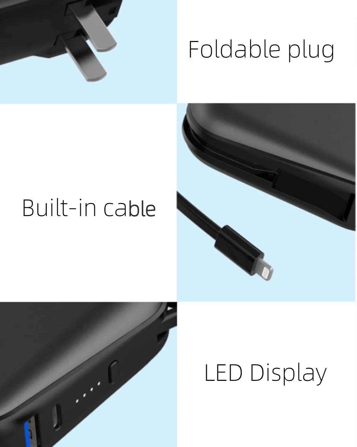 IDMIX Power Bank 10000mAh with MFI Cable, AC Foldable Portable Charger, 20W Fast Battery Pack with USB-A Output, USB-C Output, Compatible for iPhone16/15, Samsung S24, ipad, and More (Black)