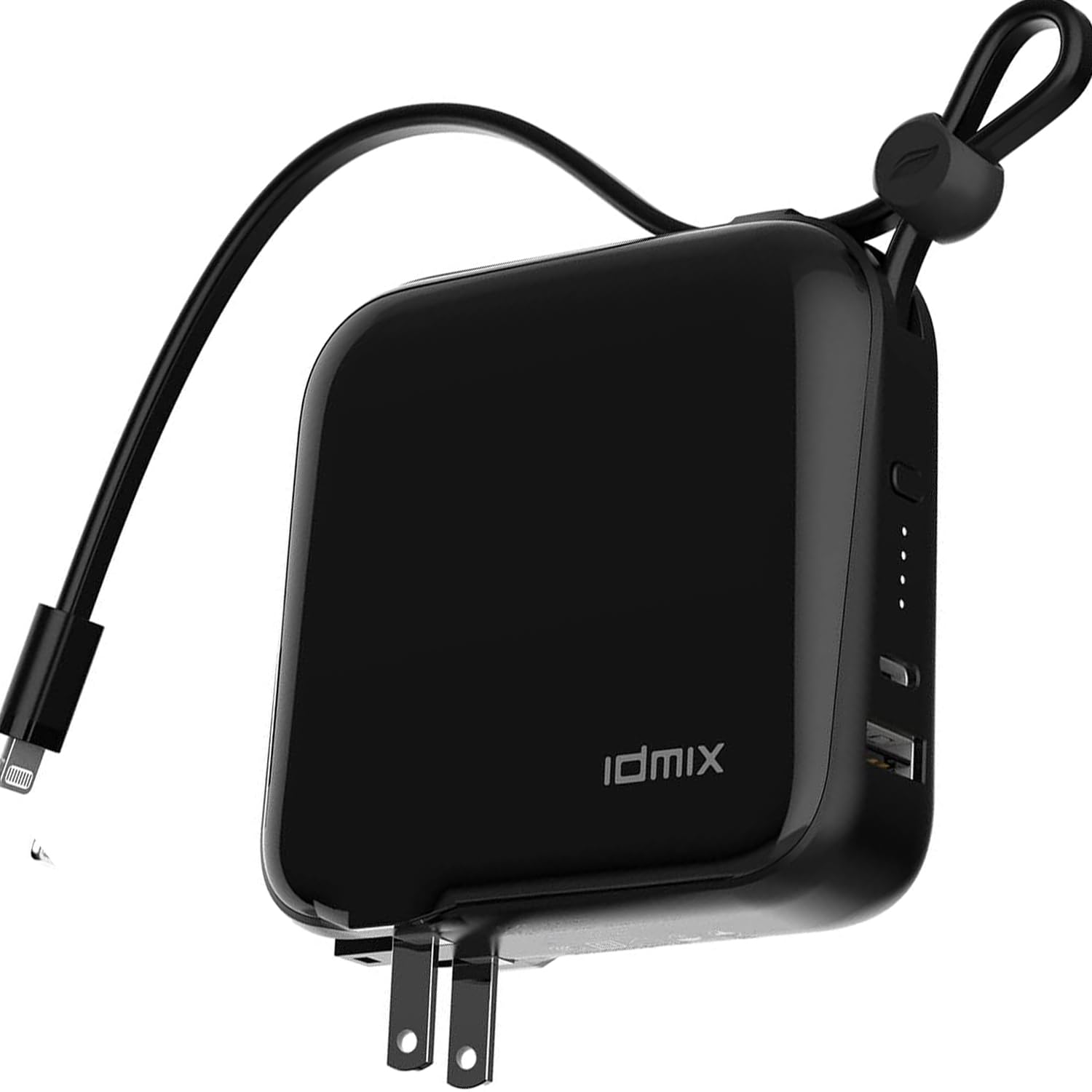 IDMIX Power Bank 10000mAh with MFI Cable, AC Foldable Portable Charger, 20W Fast Battery Pack with USB-A Output, USB-C Output, Compatible for iPhone16/15, Samsung S24, ipad, and More (Black)
