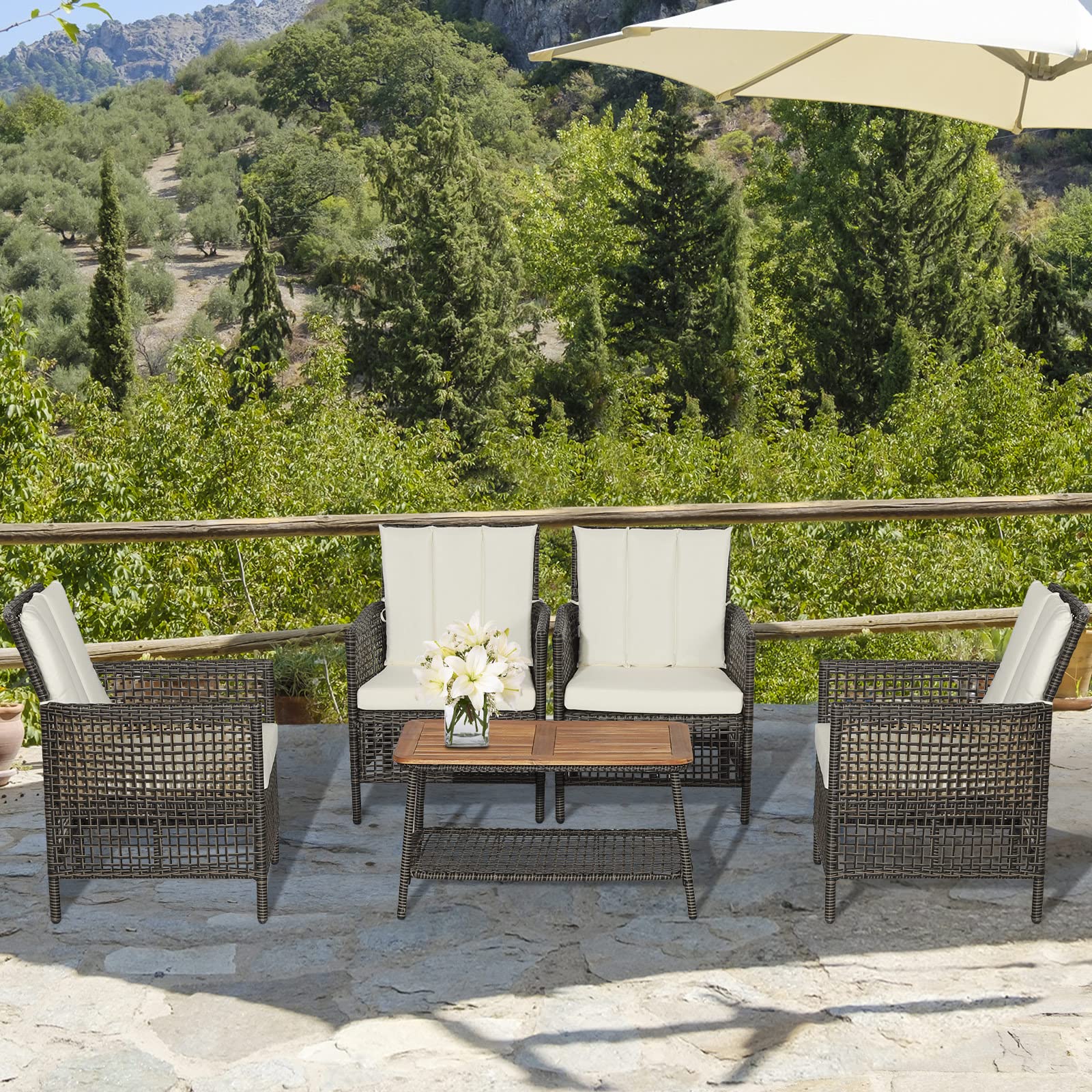 Tangkula 5 Piece Patio Furniture Set, Patiojoy Outdoor PE Wicker Sectional Sofa Set with 2-Tier Coffee Table, Acacia Wood Tabletop, Storage Shelf, Patio Conversation Set with Cushions (1, Off White)