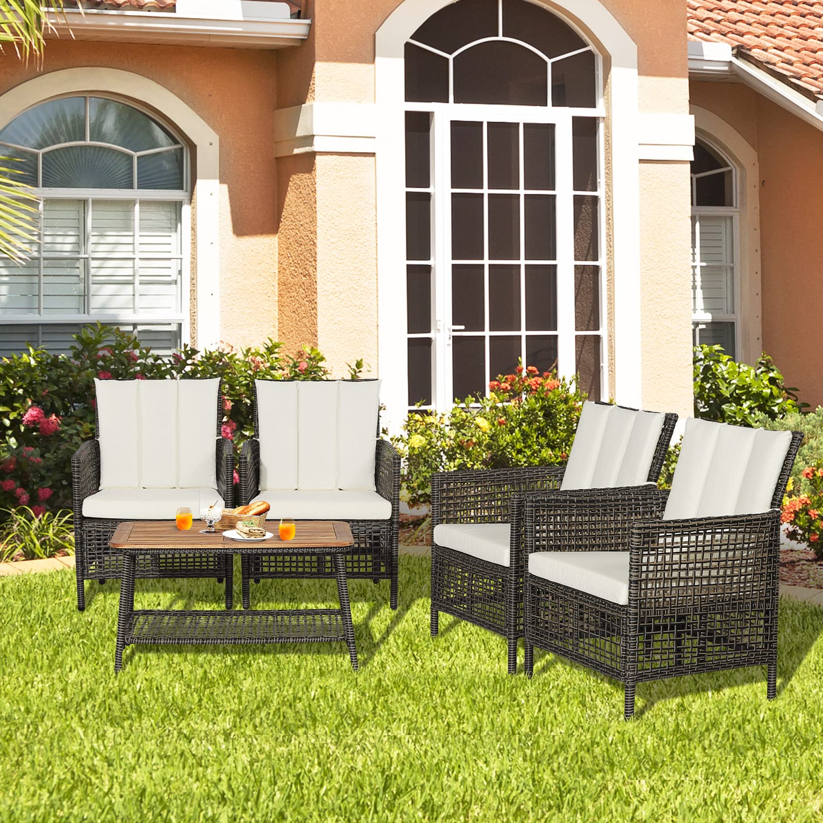 Tangkula 5 Piece Patio Furniture Set, Patiojoy Outdoor PE Wicker Sectional Sofa Set with 2-Tier Coffee Table, Acacia Wood Tabletop, Storage Shelf, Patio Conversation Set with Cushions (1, Off White)