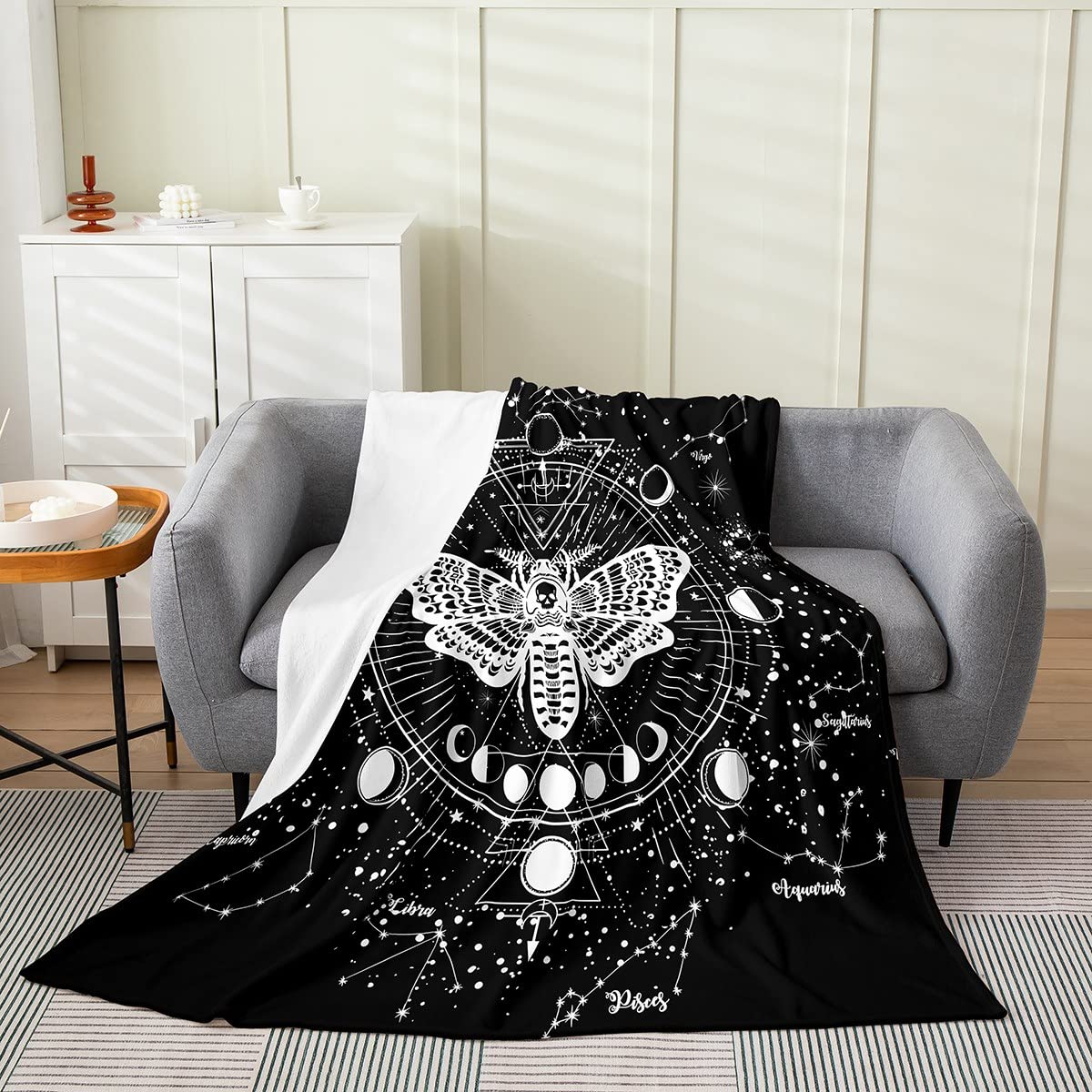 Erosebridal Gothic Moth Throw Blanket Throw 50x60,Boho Black White Sun and Moon Fleece Blanket for Kids Boys Girls,Halloween Sugar Skull Bed Blanket,Galaxy Starry Sky Fuzzy Blanket Living Room Decor