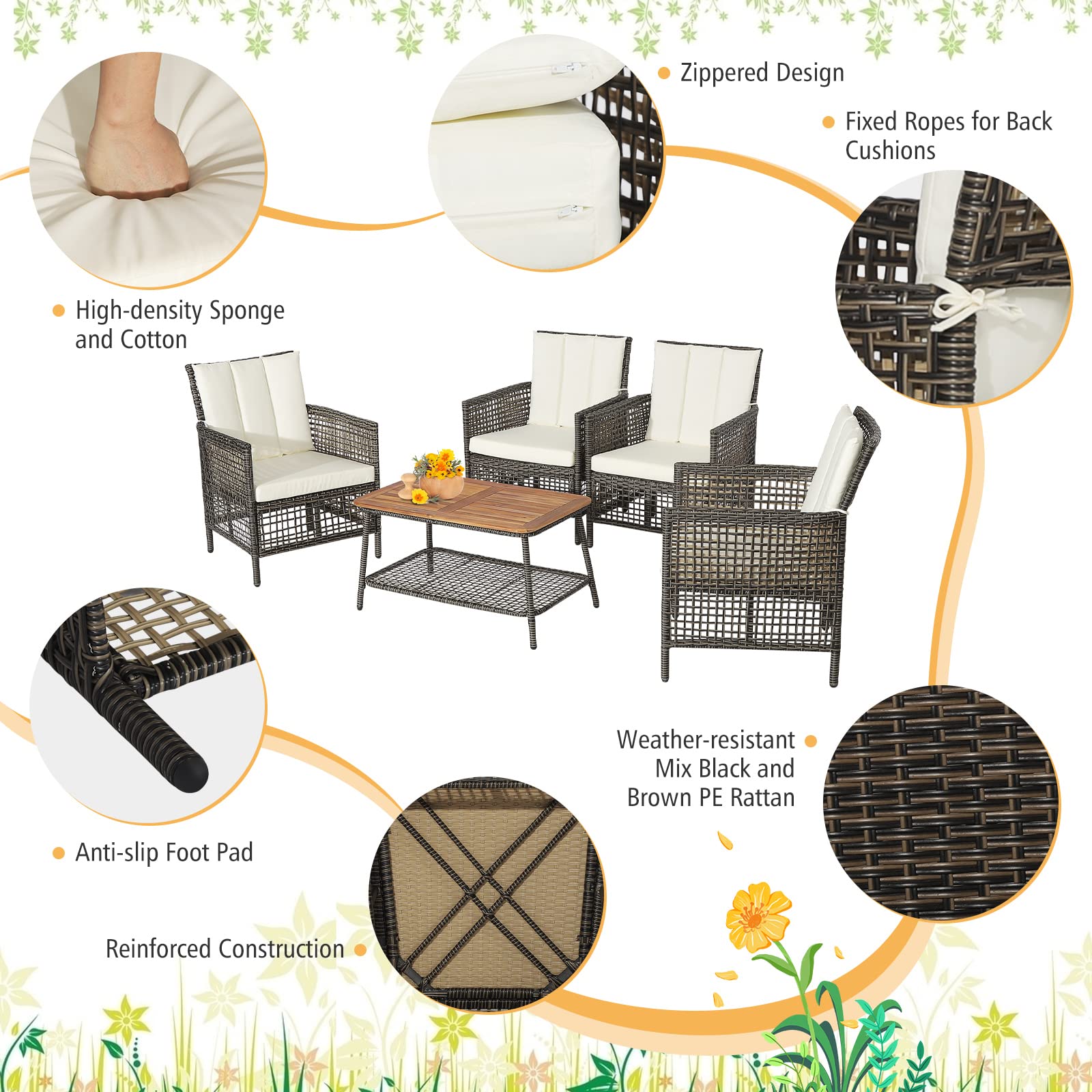 Tangkula 5 Piece Patio Furniture Set, Patiojoy Outdoor PE Wicker Sectional Sofa Set with 2-Tier Coffee Table, Acacia Wood Tabletop, Storage Shelf, Patio Conversation Set with Cushions (1, Off White)