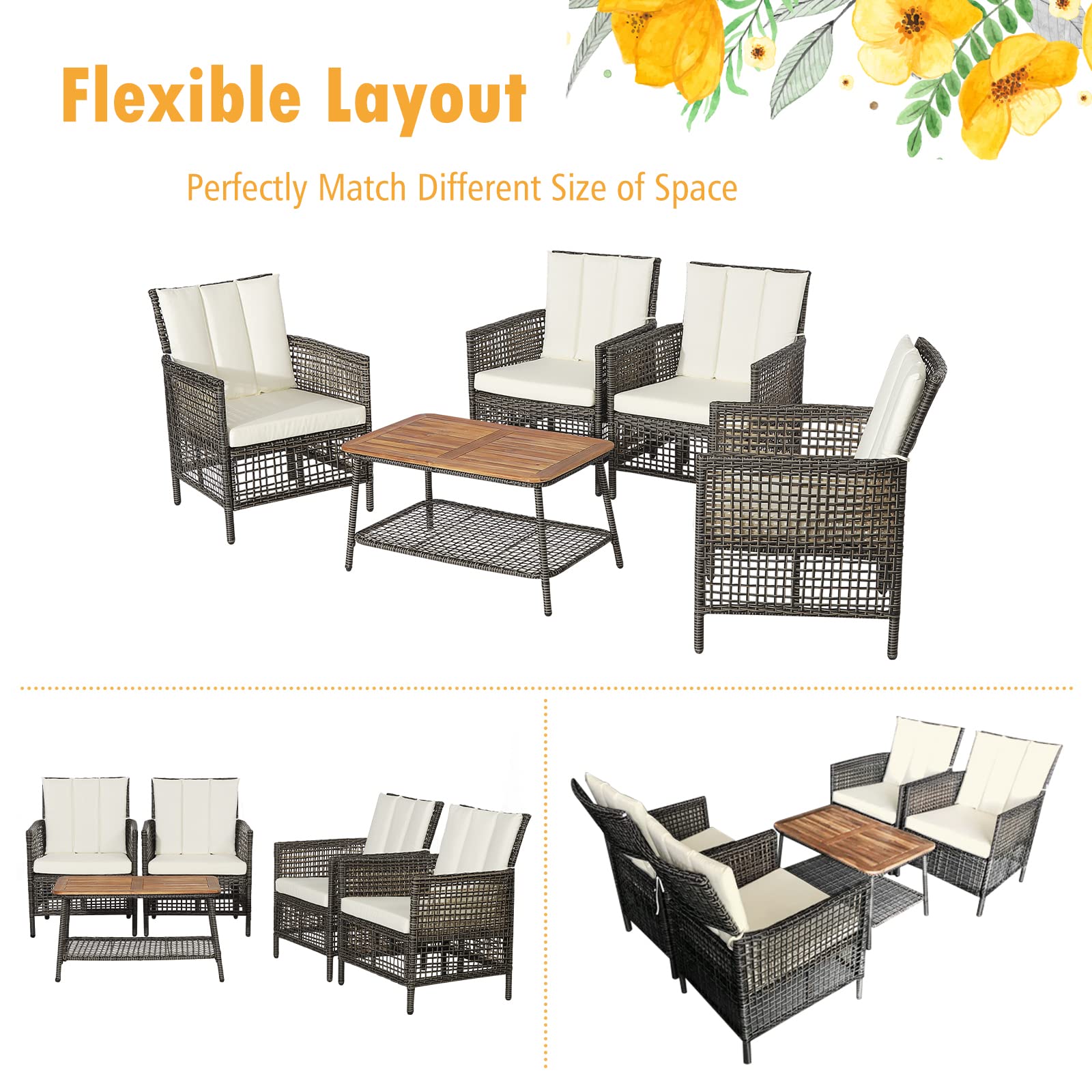 Tangkula 5 Piece Patio Furniture Set, Patiojoy Outdoor PE Wicker Sectional Sofa Set with 2-Tier Coffee Table, Acacia Wood Tabletop, Storage Shelf, Patio Conversation Set with Cushions (1, Off White)
