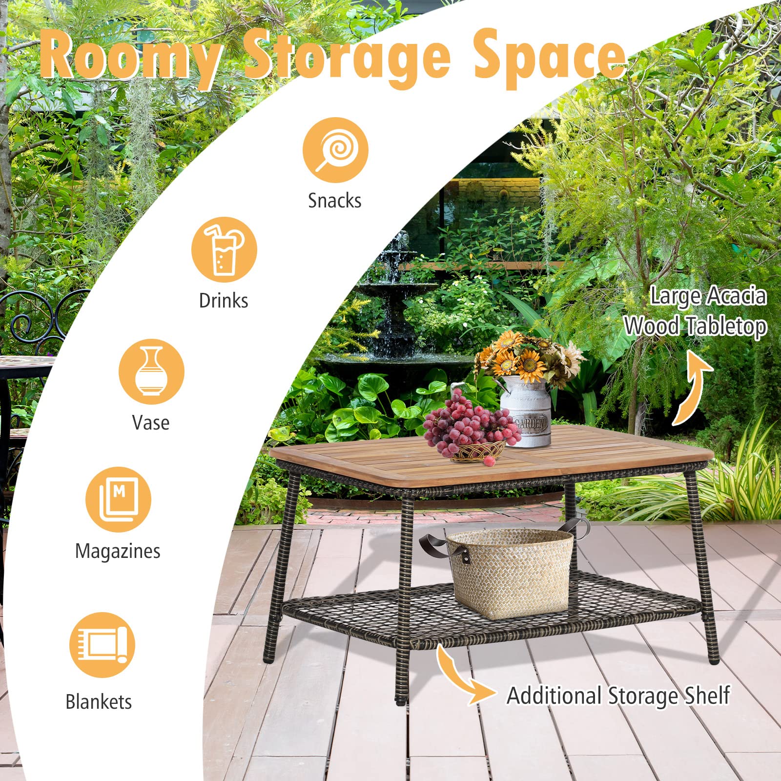 Tangkula 5 Piece Patio Furniture Set, Patiojoy Outdoor PE Wicker Sectional Sofa Set with 2-Tier Coffee Table, Acacia Wood Tabletop, Storage Shelf, Patio Conversation Set with Cushions (1, Off White)