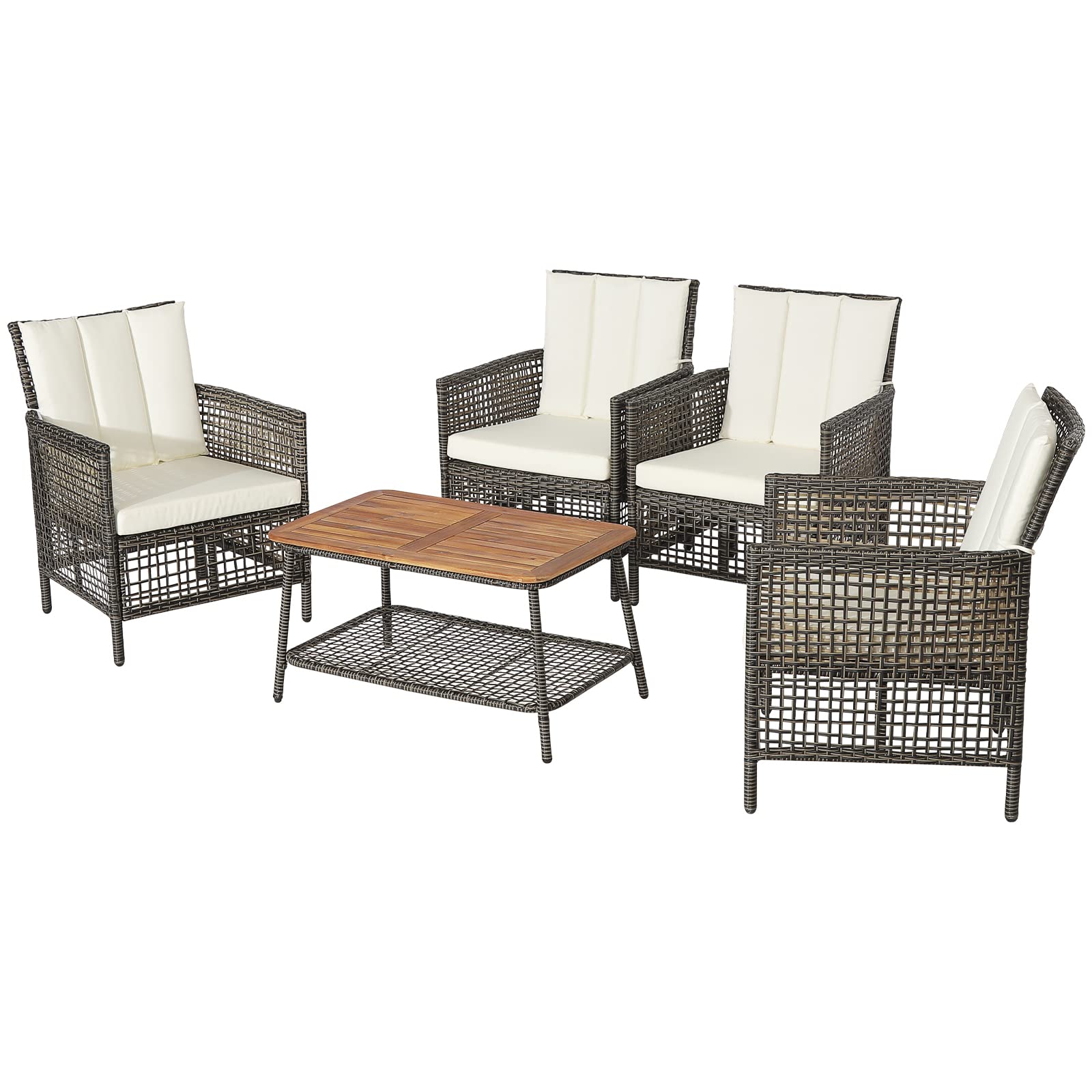 Tangkula 5 Piece Patio Furniture Set, Patiojoy Outdoor PE Wicker Sectional Sofa Set with 2-Tier Coffee Table, Acacia Wood Tabletop, Storage Shelf, Patio Conversation Set with Cushions (1, Off White)