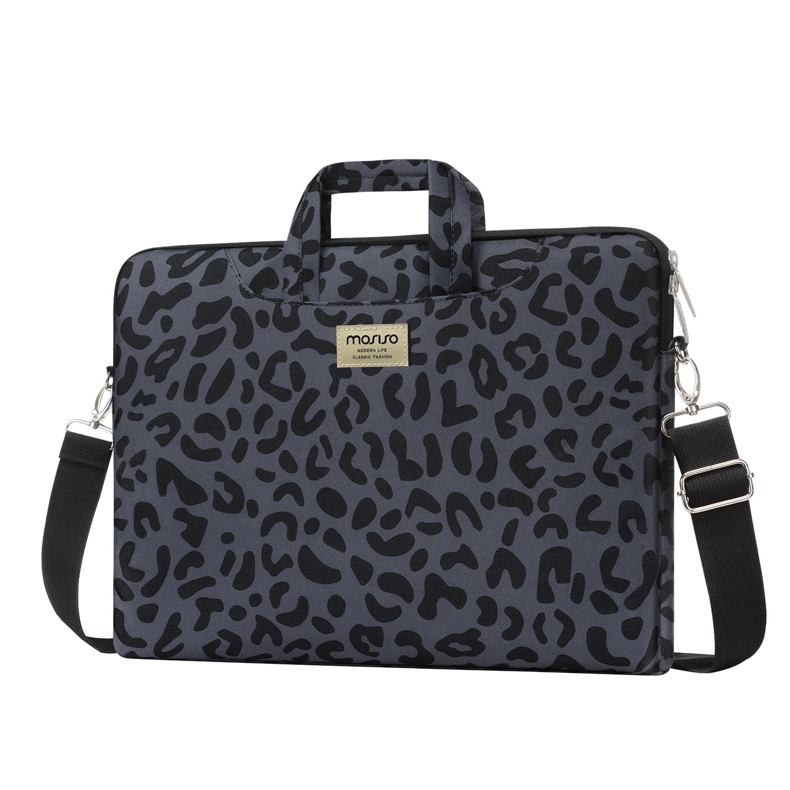 MOSISO Laptop Shoulder Bag Compatible with MacBook Air 15 inch M3 M2/Pro 16 M4 M3 M2 M1 2025-2019, 15-15.6 inch Notebook, Leopard Grain Briefcase Sleeve with Belt