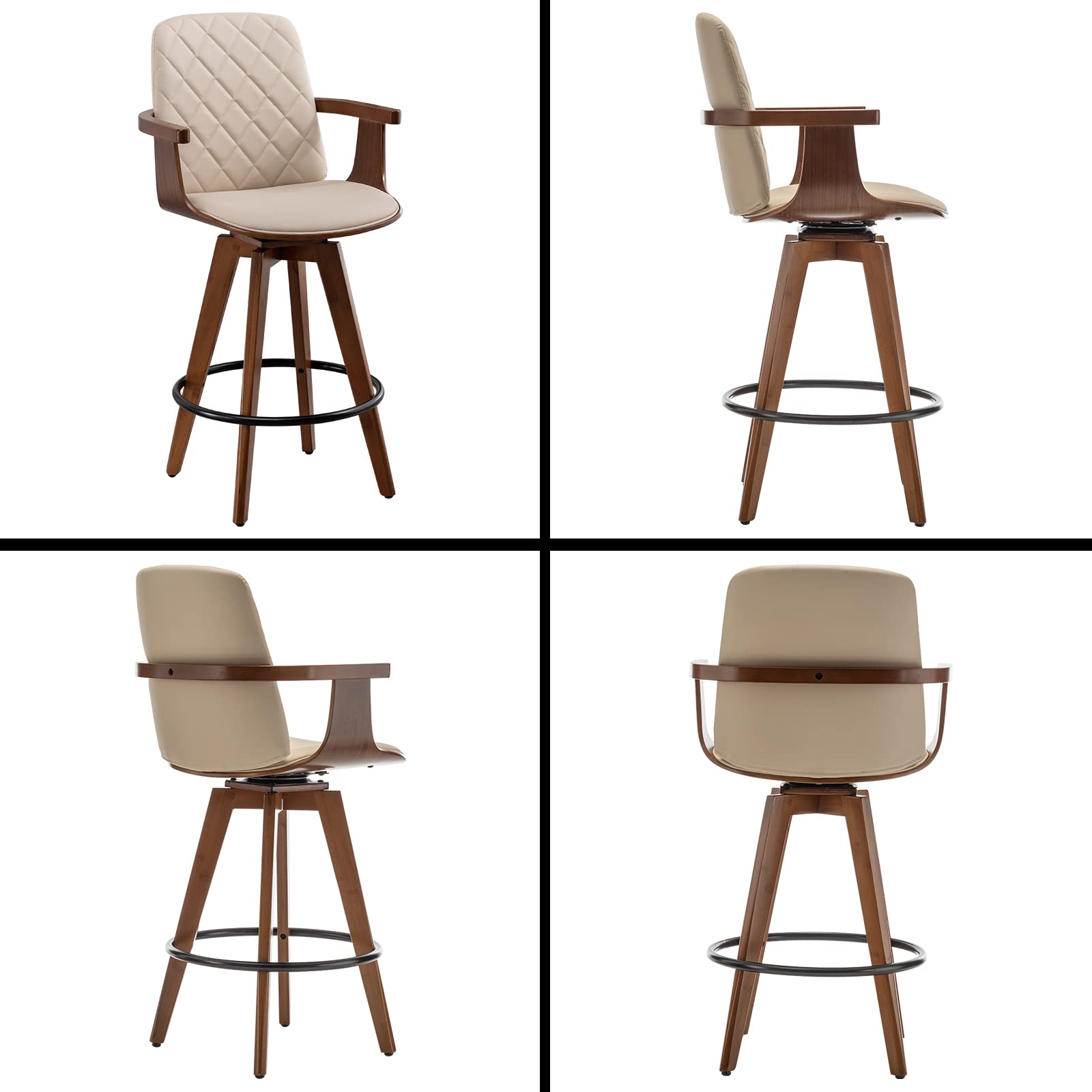 WUPOTO Bar Stools Set of 2, Upholstered Faux Leather Counter Height Bar Stools, Swivel Barstools with Wooden Arms and Legs (Beige, 30" Seat Height)