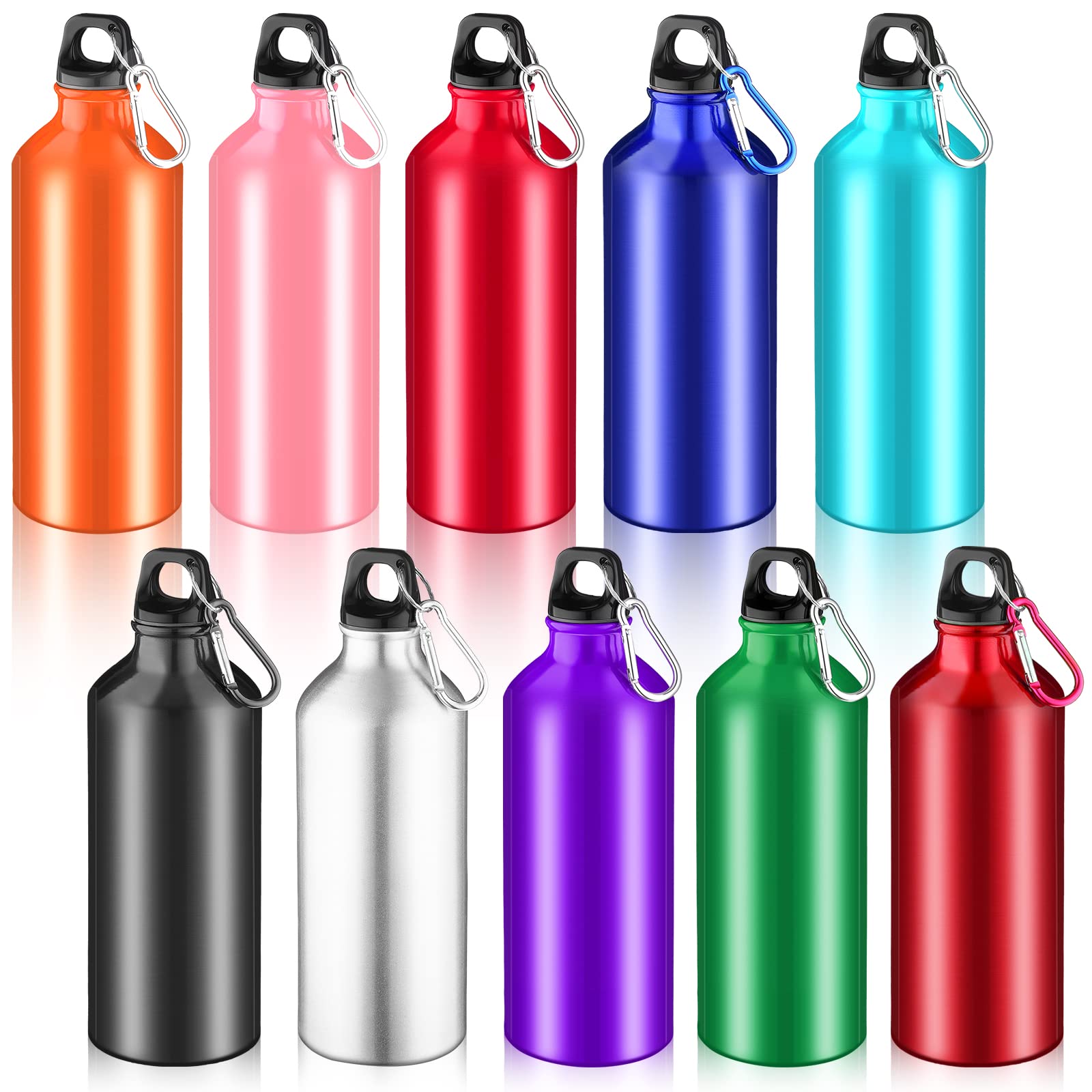Mimorou 10 Pack 20 oz Aluminum Water Bottles Lightweight Reusable Bottles Aluminum Travel Cups with Carabiner Leak Proof Team Water Cups in bulk for Gym Sports Bicycle Camping