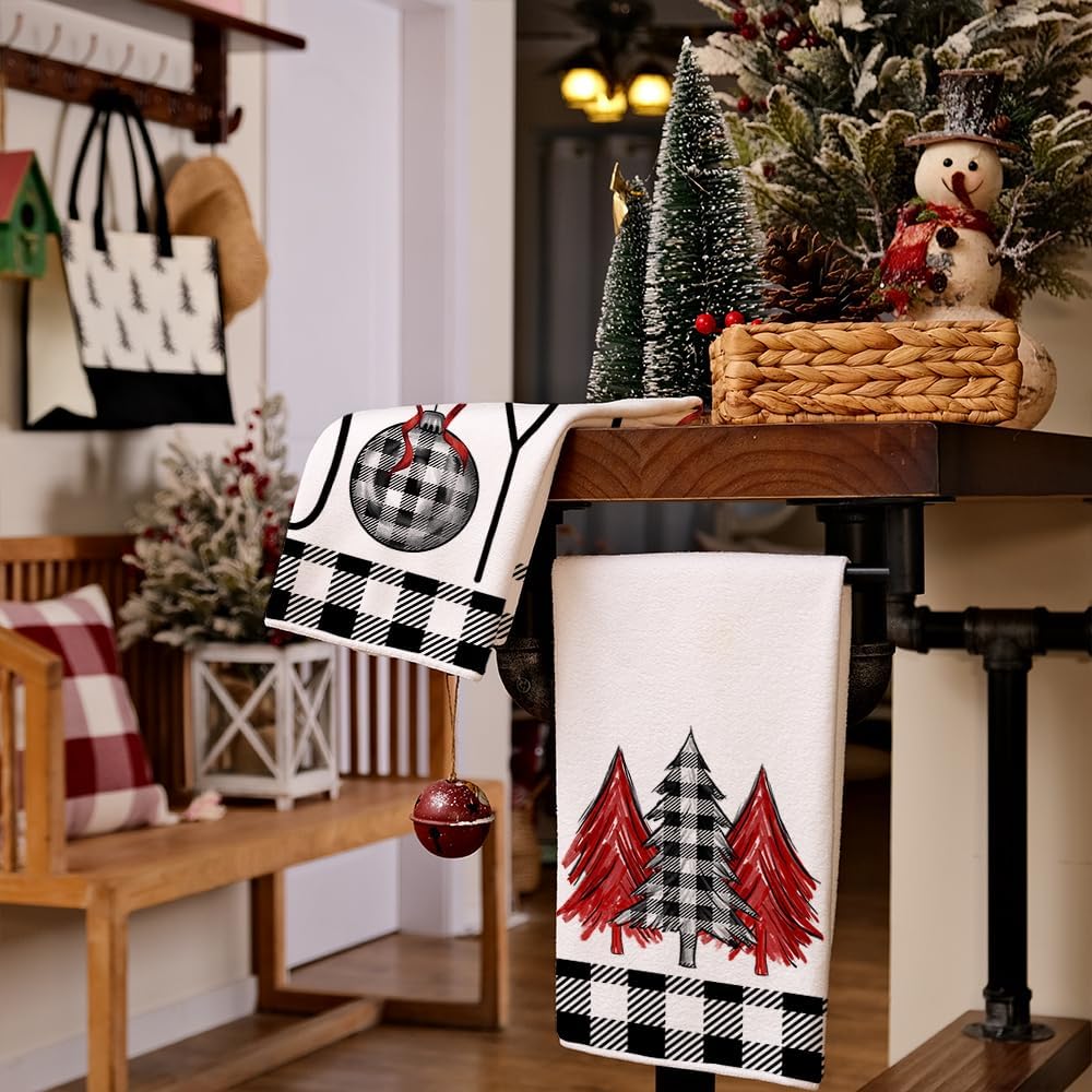 ARKENY Christmas Kitchen Towels Set of 2,Black Buffalo Plaid Xmas Tree Dish Towels 18x26 Inch Drying Dishcloth,Farmhouse Home Decoration AD008