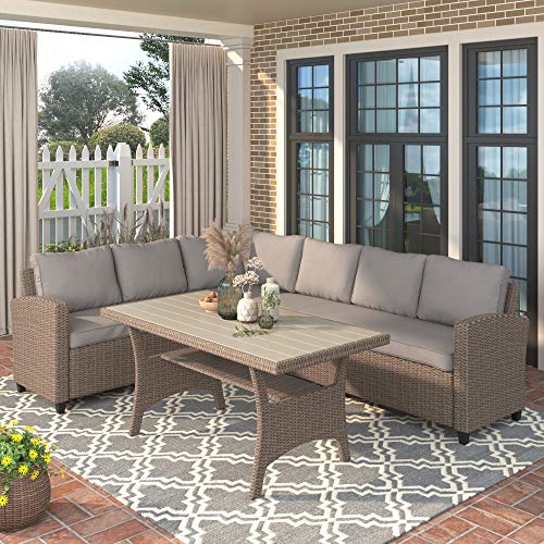 SIYAHOME PE Rattan Wicker Conversation, Weather Sectional Sofa Set with Table & Soft Cushions, Patio Outdoor Furniture, Brown