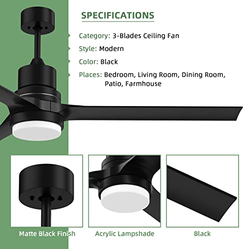 Biukis Ceiling Fans with Lights,Indoor and Outdoor Black Ceiling Fan with Remote Control, 60-inch Modern Ceiling Fans with Reversible DC Motor for Patio Bedroom Living Room