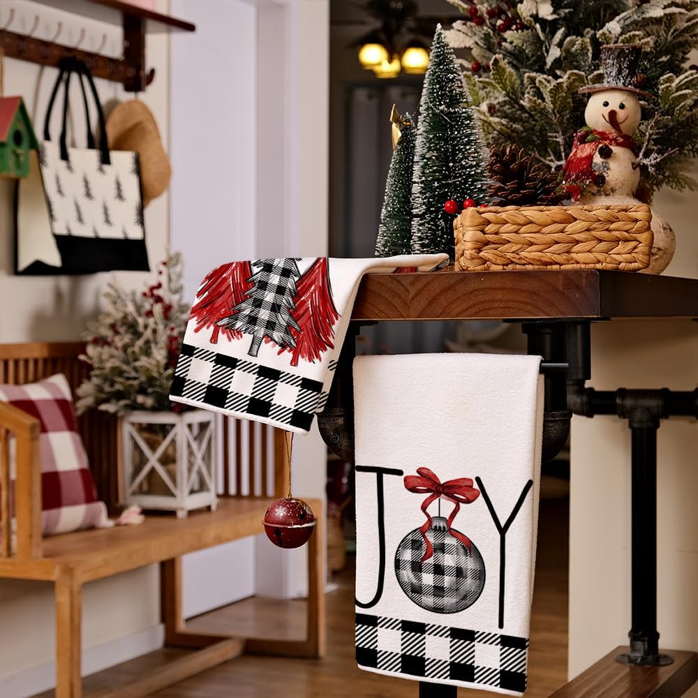 ARKENY Christmas Kitchen Towels Set of 2,Black Buffalo Plaid Xmas Tree Dish Towels 18x26 Inch Drying Dishcloth,Farmhouse Home Decoration AD008