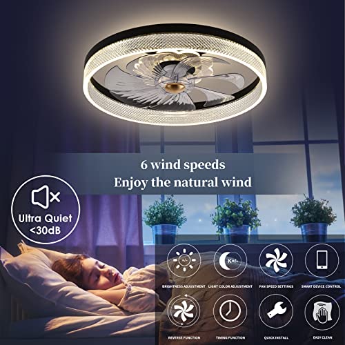Fszdorj 2023 Upgraded Ceiling Fan F093 Black Ceiling Fans with Lights App & Remote Control, Timing & 3 Led Color Led Ceiling Fan, 6 Wind Speeds Modern Ceiling Fan for Bedroom, Living Room, Small Room