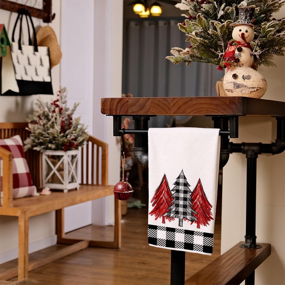 ARKENY Christmas Kitchen Towels Set of 2,Black Buffalo Plaid Xmas Tree Dish Towels 18x26 Inch Drying Dishcloth,Farmhouse Home Decoration AD008