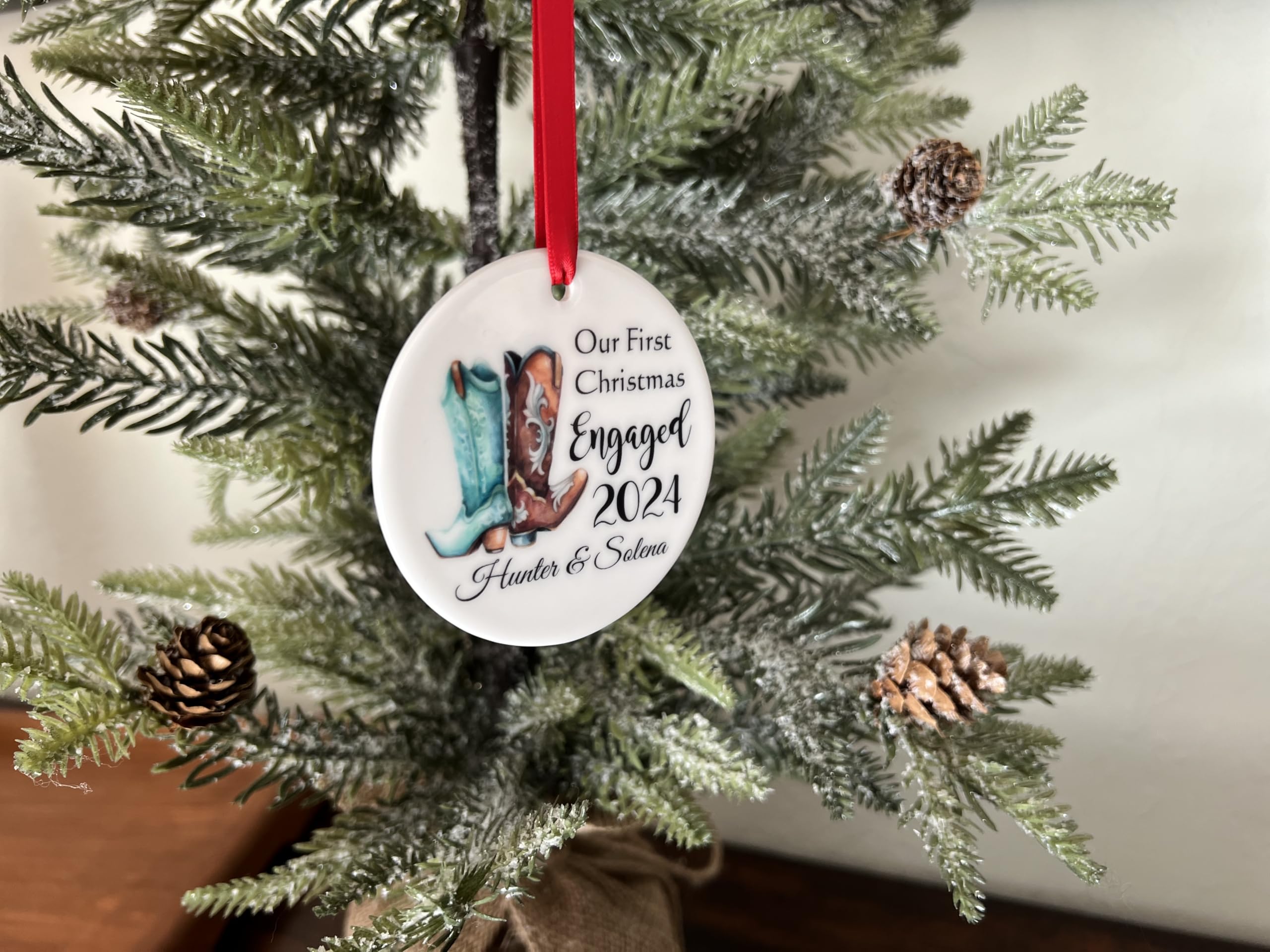 Engagement Ornament 2024, Our First Christmas Engaged, Personalized Tree Decoration, Western Couple Gift (Personalized)