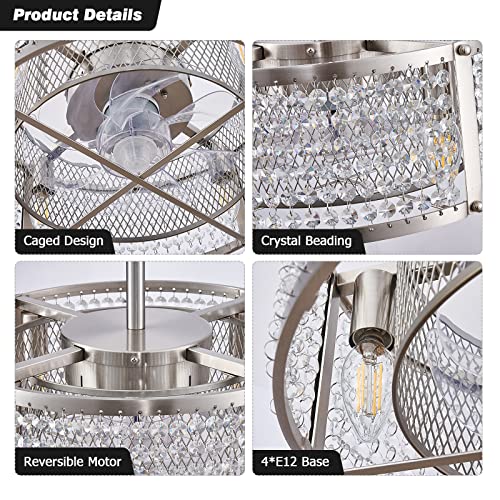 Flush Mount Caged Ceiling Fan with Lights Remote Control, Low Profile Ceiling Fan with Light Small Modern Bladeless Ceiling Fan with Reversible 6 Speeds Motor for Bedroom Dining Room (Brushed Nickel)