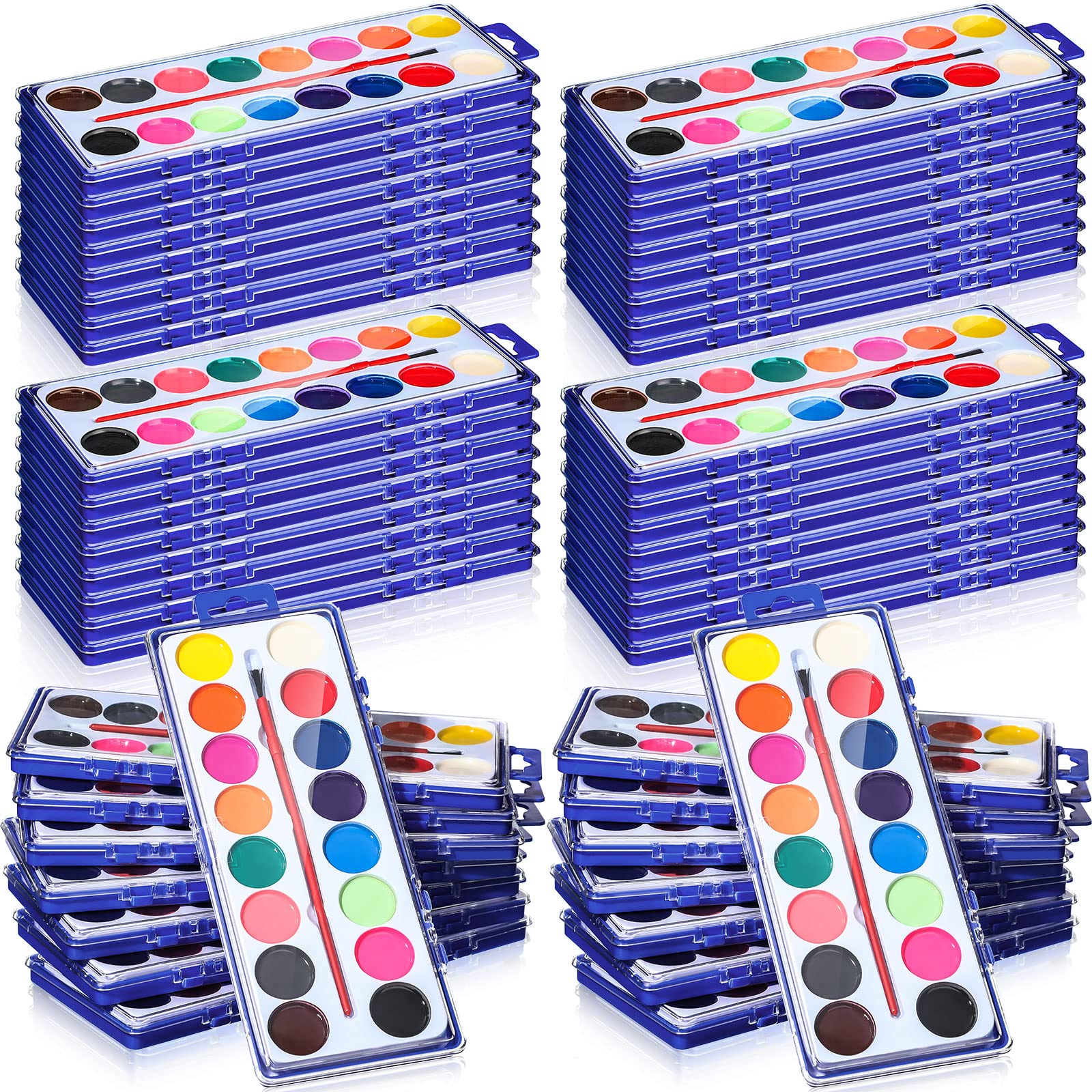 Jexine 48 Pieces Watercolor Paint Sets for Valentine's Day Gifts 16 Washable Water Color Paints Washable Bulk with Paintbrushes for Valentine School Classroom Birthday Gift Art Party Favors